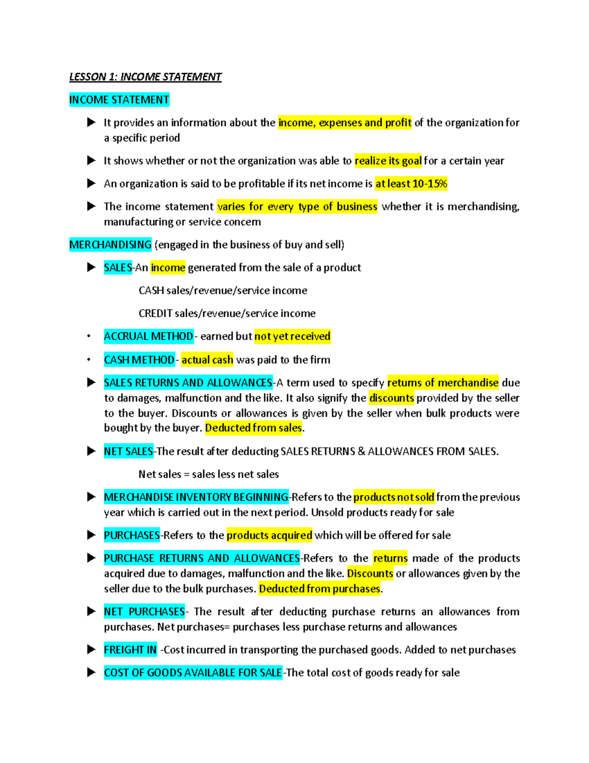 Compilation- CORP FIN - LESSON 1: INCOME STATEMENT INCOME STATEMENT It ...