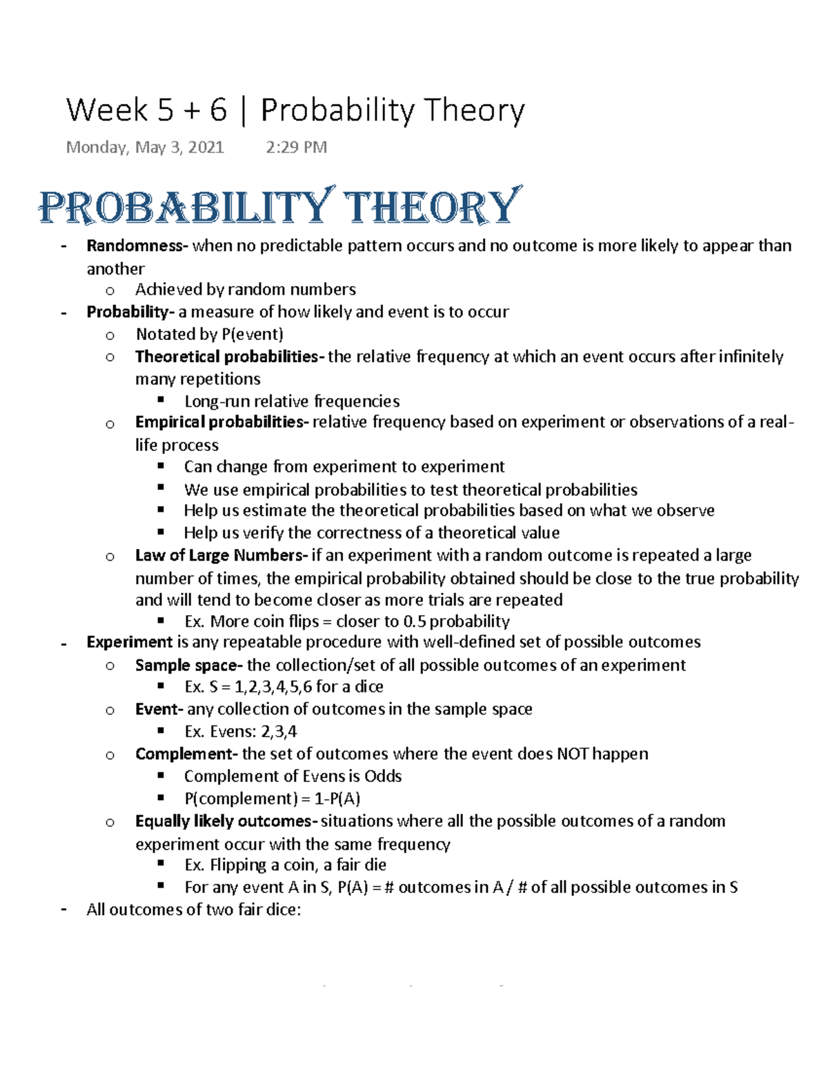 Stats Week 5 and 6 - Probability - Week 5 6 Probability Theory Monday ...