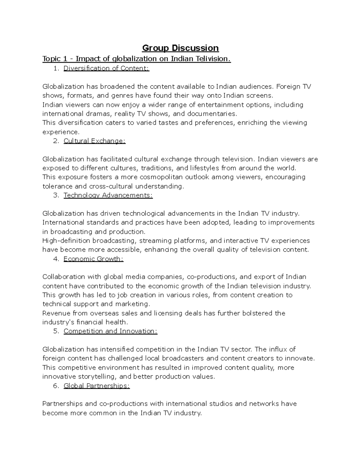 Group Discussion - Group Discussion Topic 1 - Impact of globalization ...