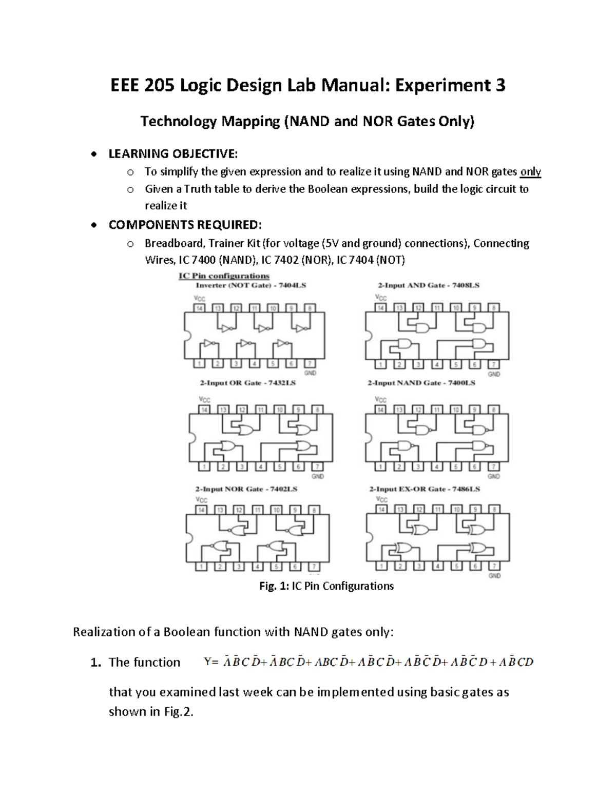 Logic Design Lab Manual - Ex3 - EEE 205 Logic Design Lab Manual: Experiment 3 Technology Mapping ...