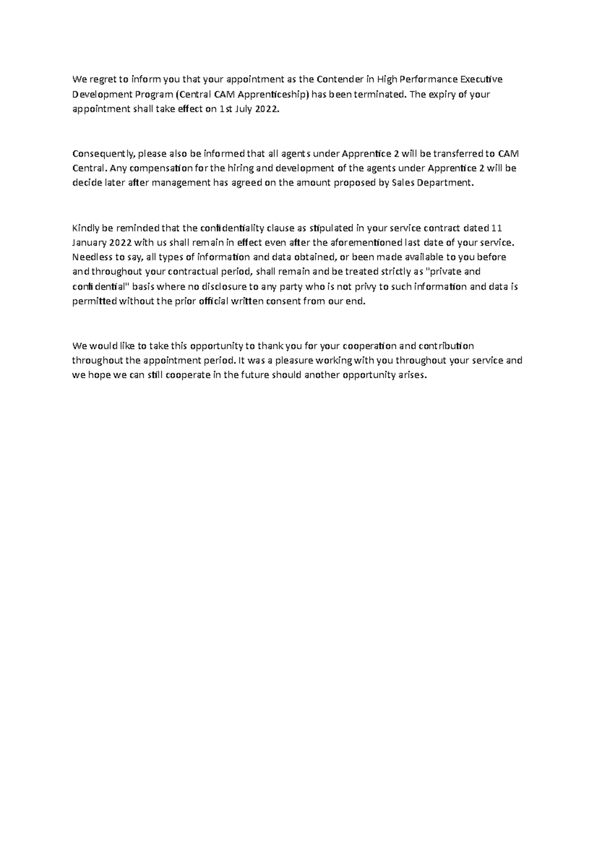 Draft termination letter CAM Apprentice - We regret to inform you that ...