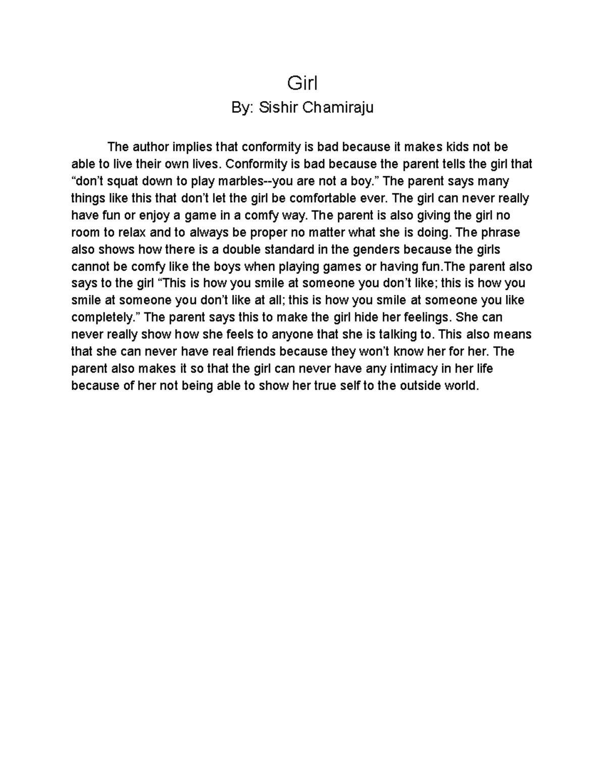 "Girl" paragraph Sishir Chamiraju-5 - Girl By: Sishir Chamiraju The ...