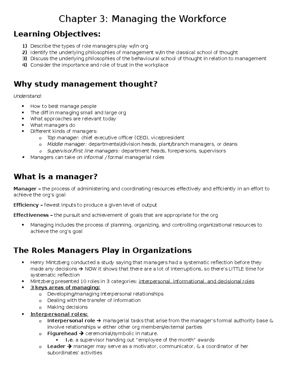 Lecture notes, chapter 3 managing the workforce - Chapter 3: Managing ...