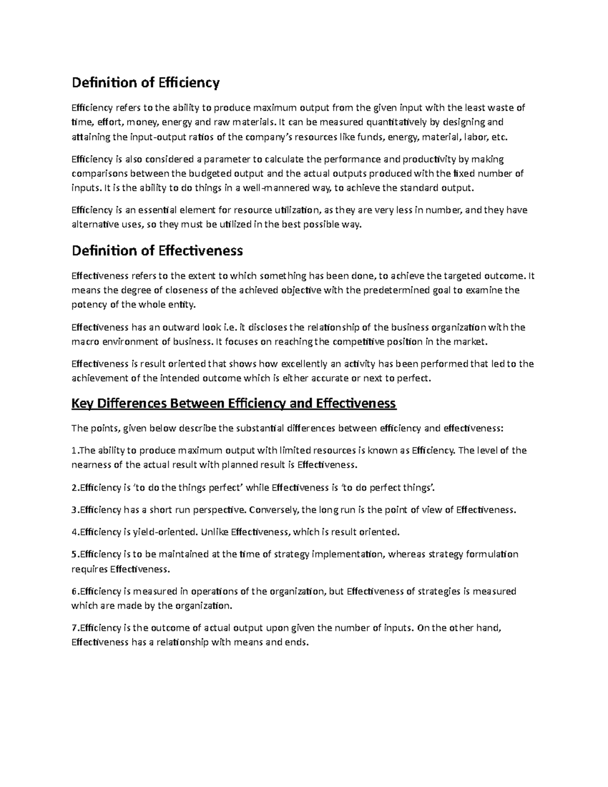 Q ; Effectiveness and Efficiency - Definition of Efficiency Efficiency ...