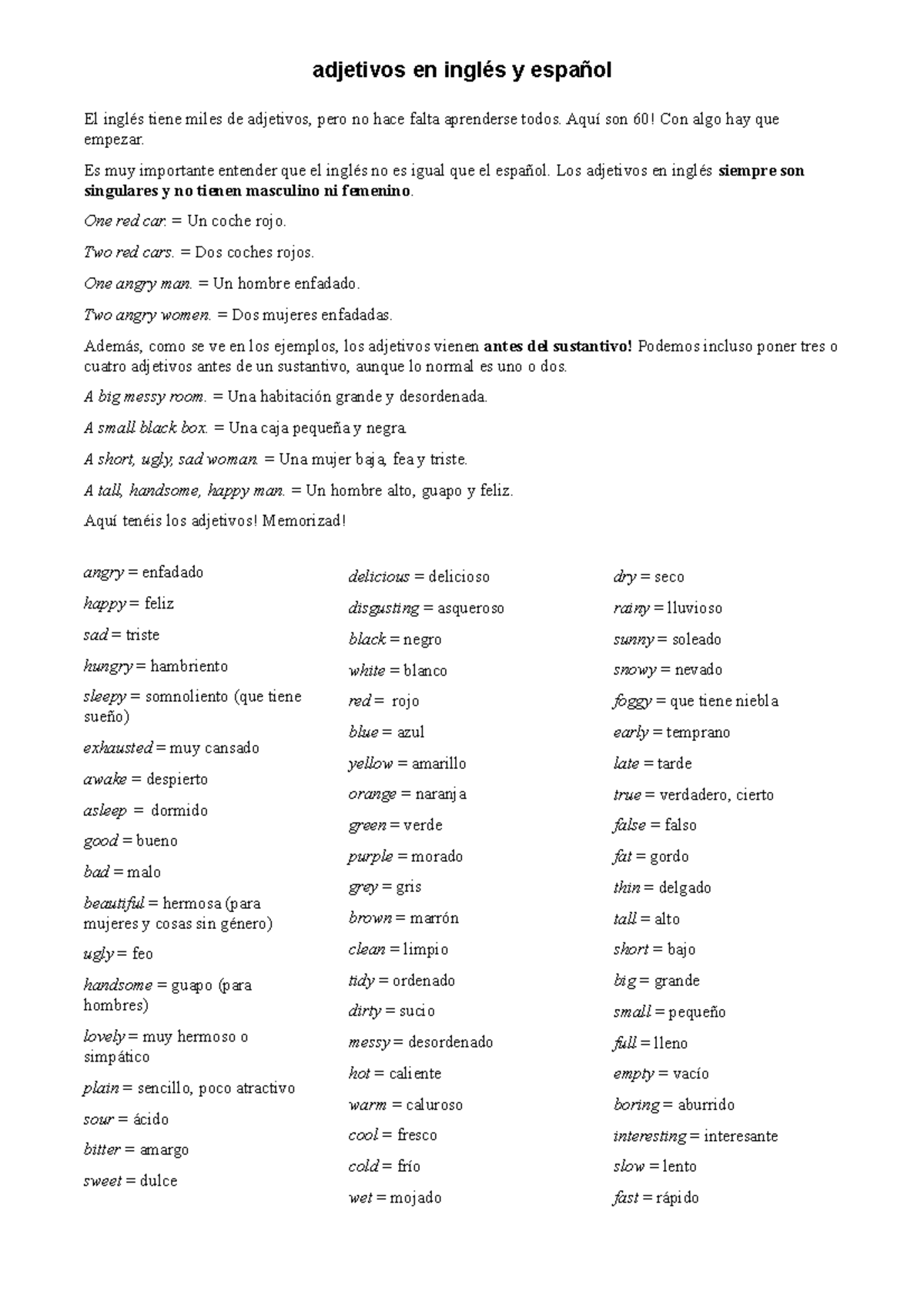 Adjetivos en inglés español - adjetivos en inglés y español El inglés ...