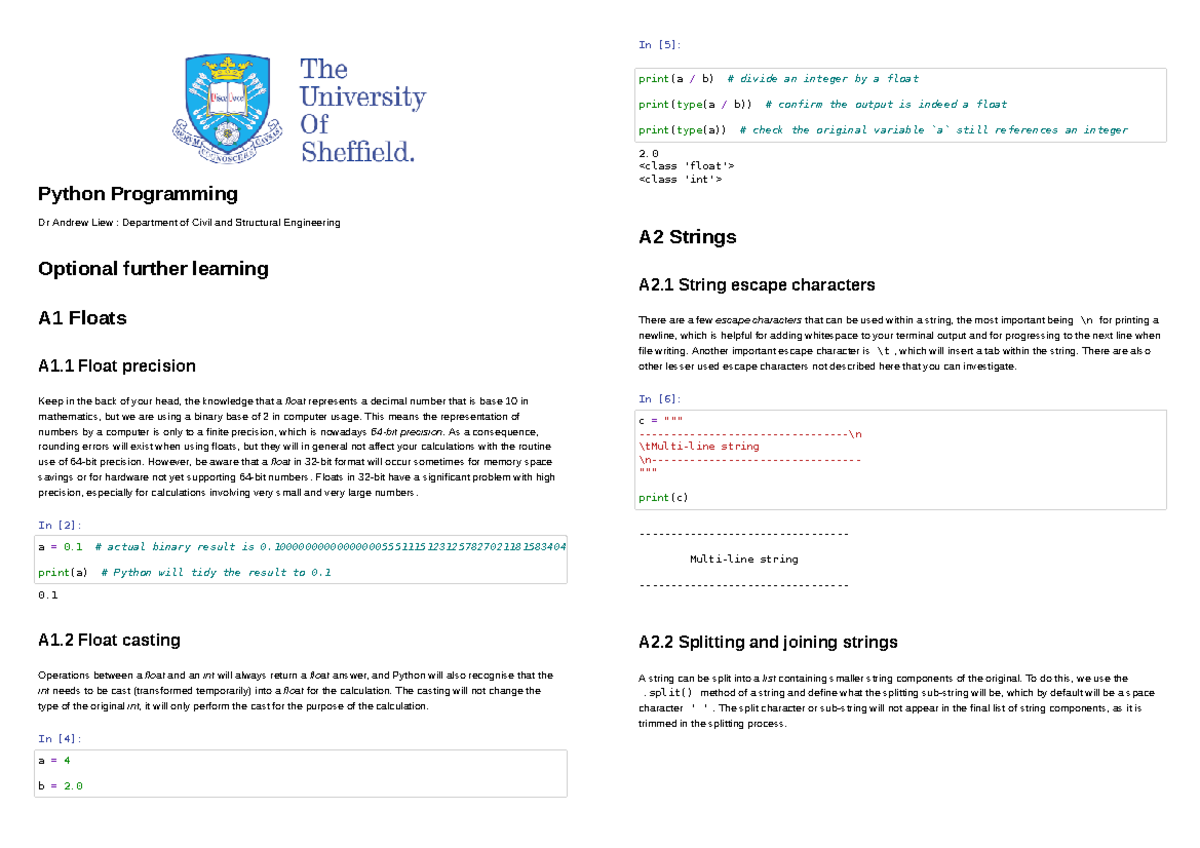 CIV1900 supplementary summary - Python Programming Dr Andrew Liew : Department of Civil and ...