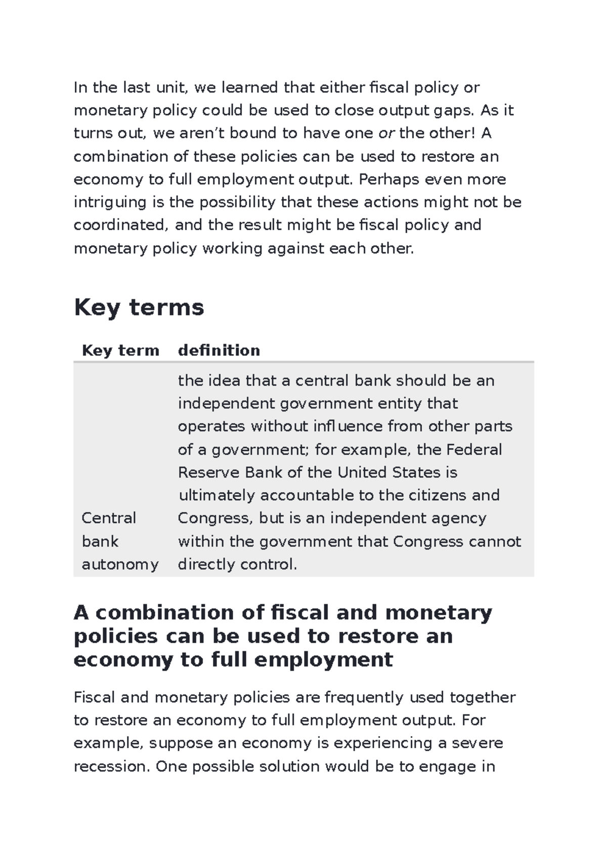 Fiscal and monetary policy short run - In the last unit, we learned ...