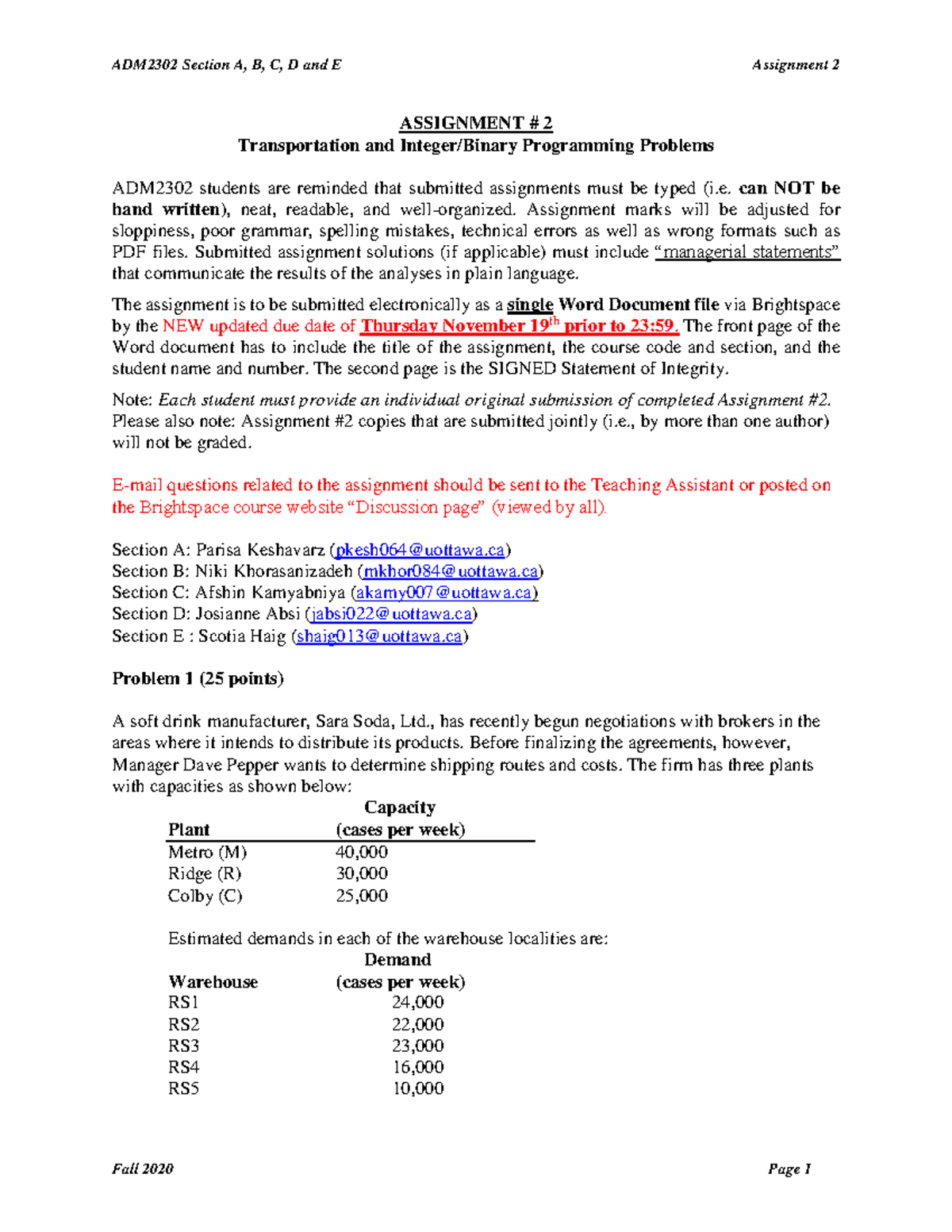 1. Assignment 2 Fall 2020 - ASSIGNMENT # 2 Transportation and Integer/Binary Programming ...
