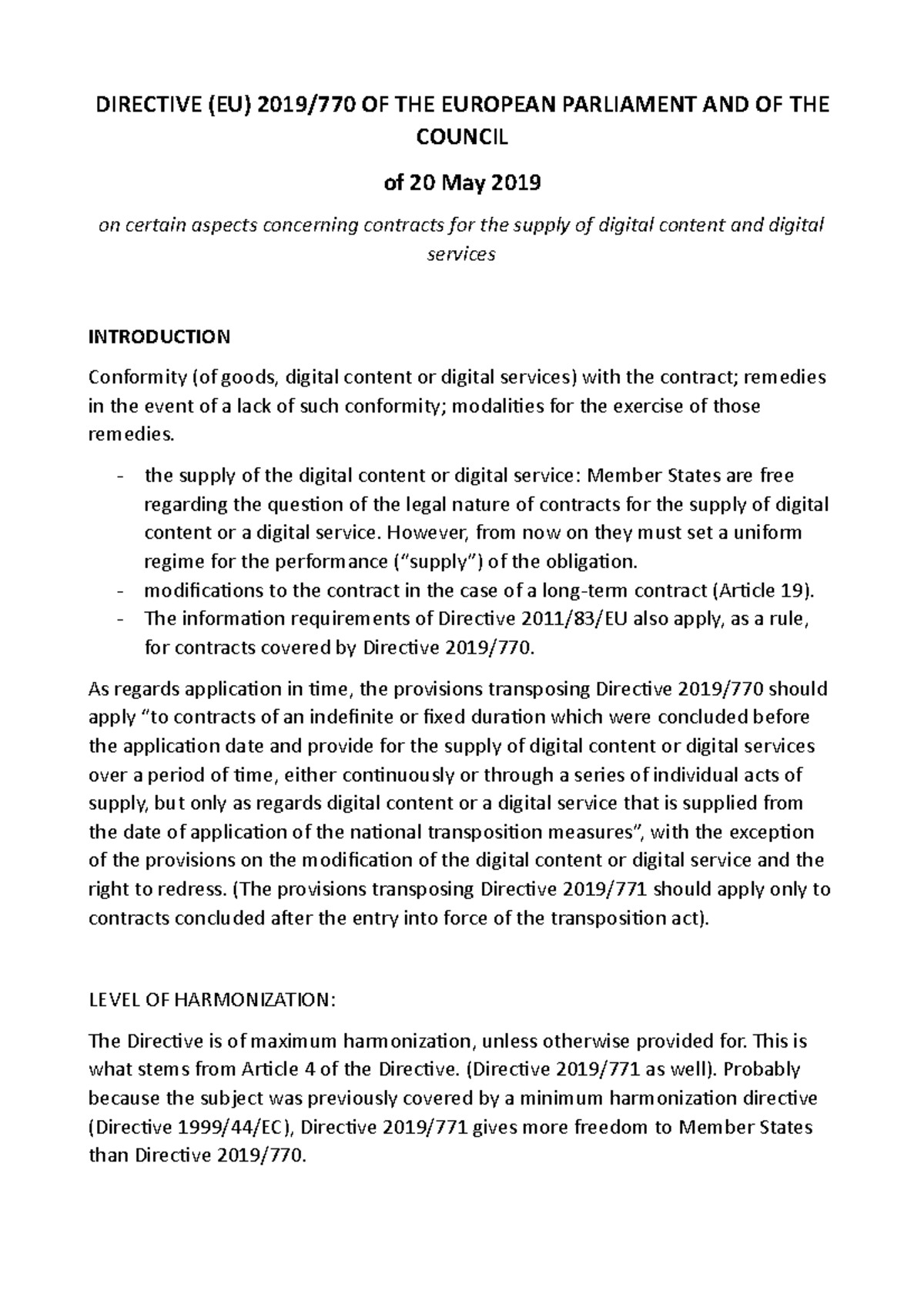 Directive 2019-770 - lezione - DIRECTIVE (EU) 2019/770 OF THE EUROPEAN ...
