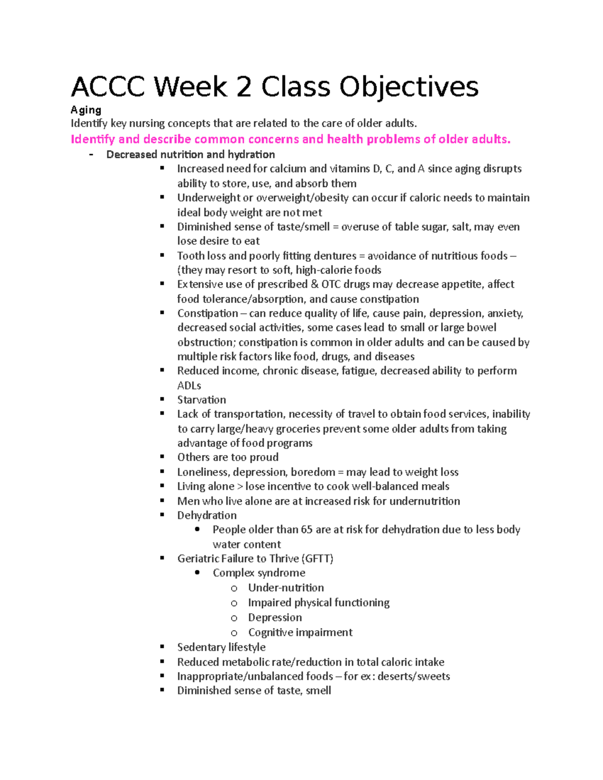 Week 2 Class Objectives - ACCC Week 2 Class Objectives Aging Identify ...