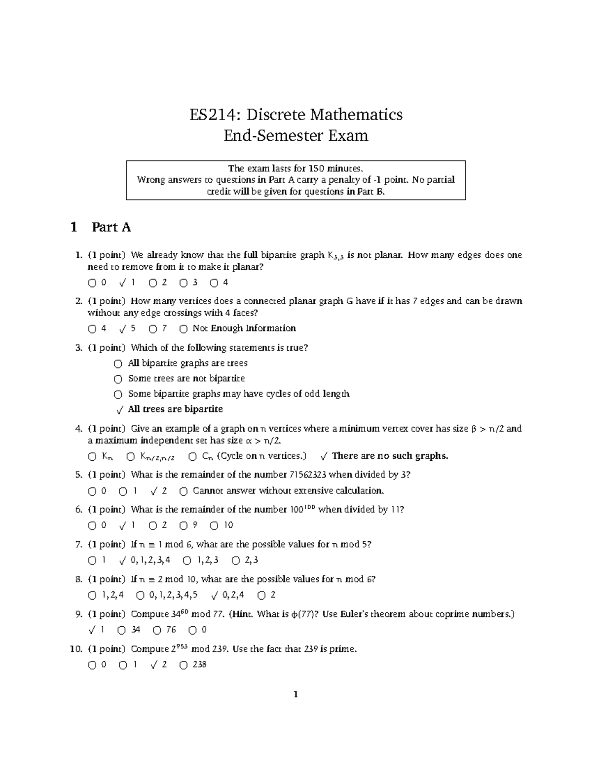 End Semester Part A Answer Key - ES214: Discrete Mathematics End ...