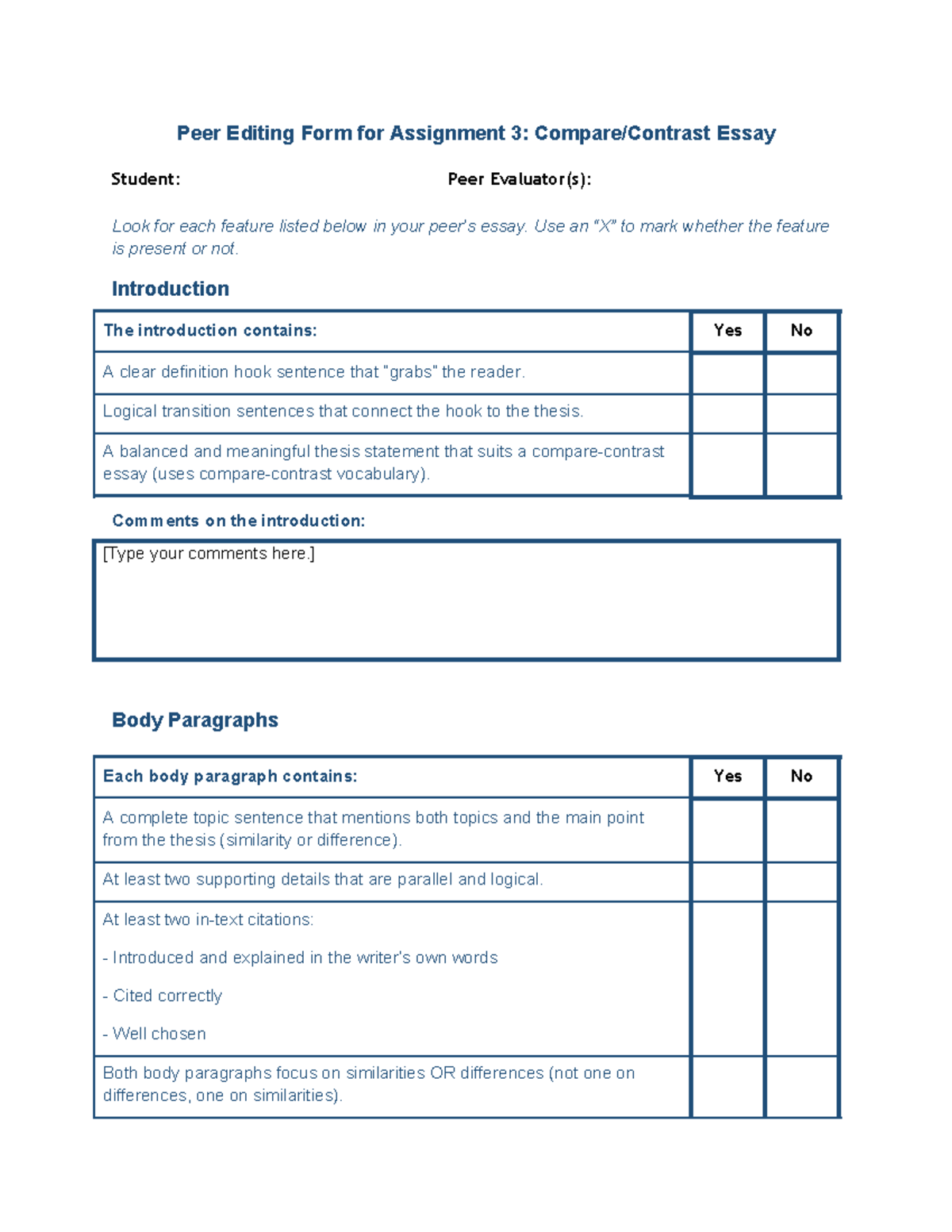 Assignment 3 Peer Editing Form - Peer Editing Form for Assignment 3: Compare/Contrast Essay ...