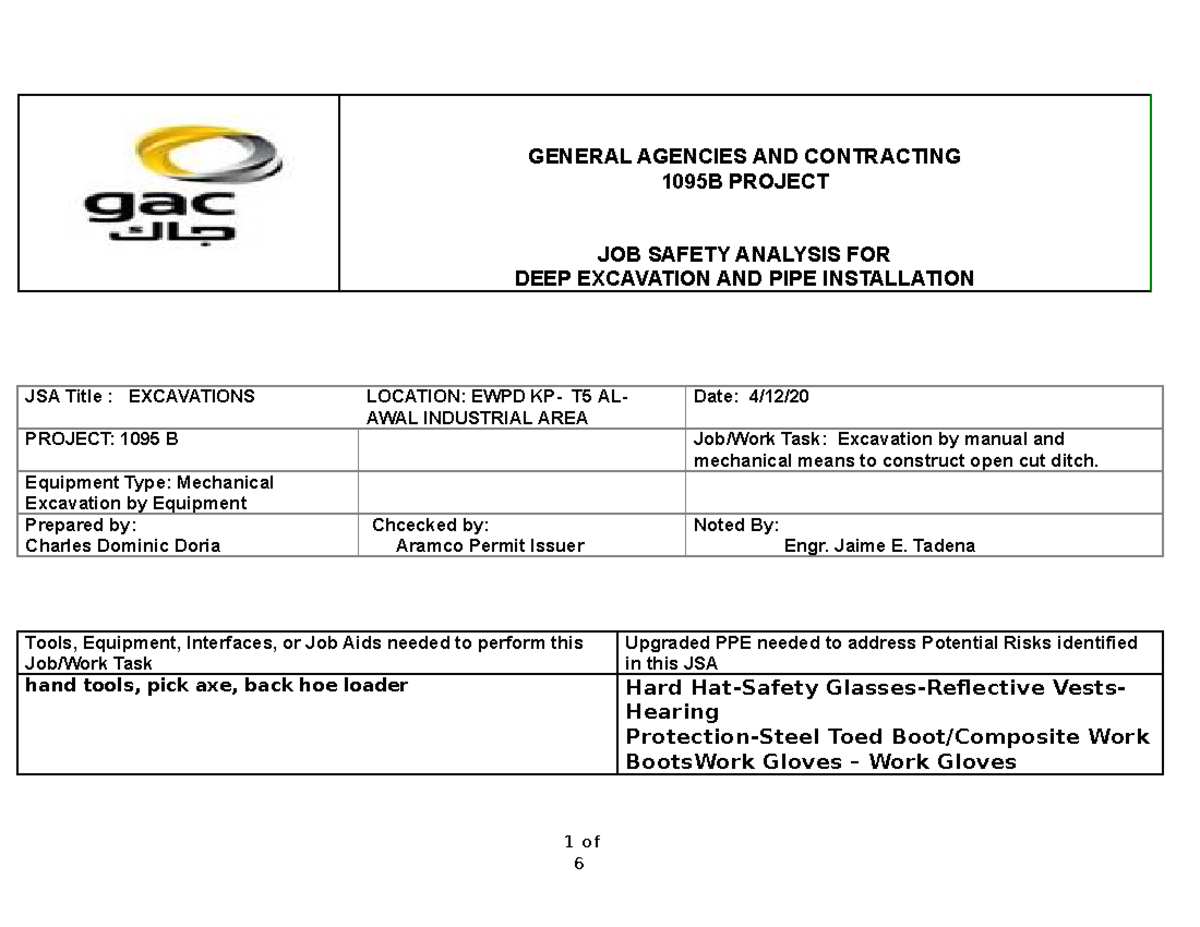Excavations-JSA- Aramco 1095B - GENERAL AGENCIES AND CONTRACTING 1095B PROJECT JOB SAFETY ...