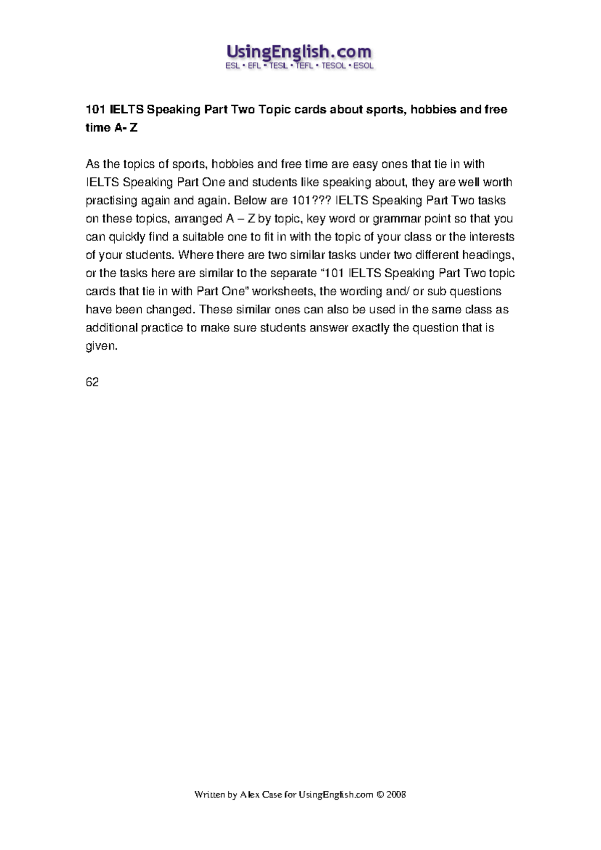 101 ielts speaking part two tasks about sports and hobbies - 101 IELTS ...