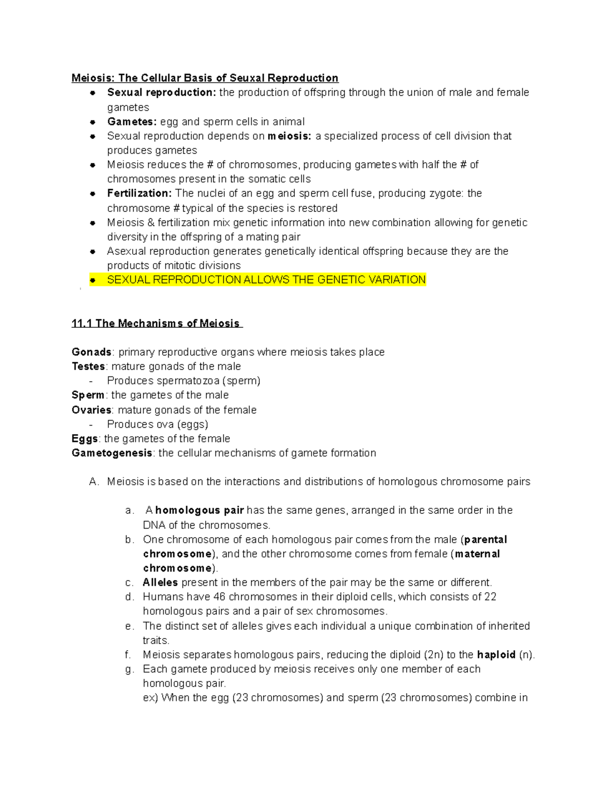 BIO Ch 11: Sexual Reproduction, Meiosis - Meiosis: The Cellular Basis ...