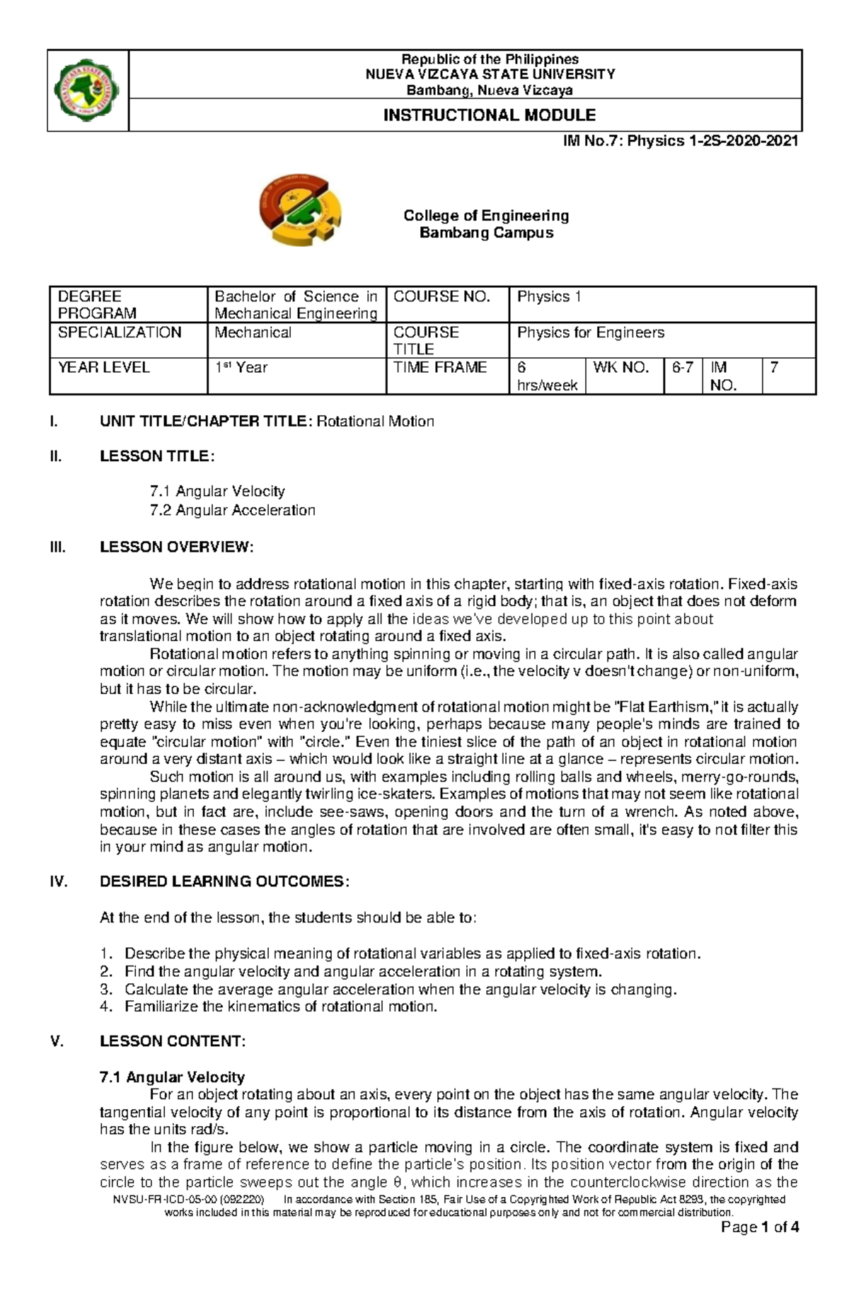 Physics for Engineers IM7 - NUEVA VIZCAYA STATE UNIVERSITY Bambang ...