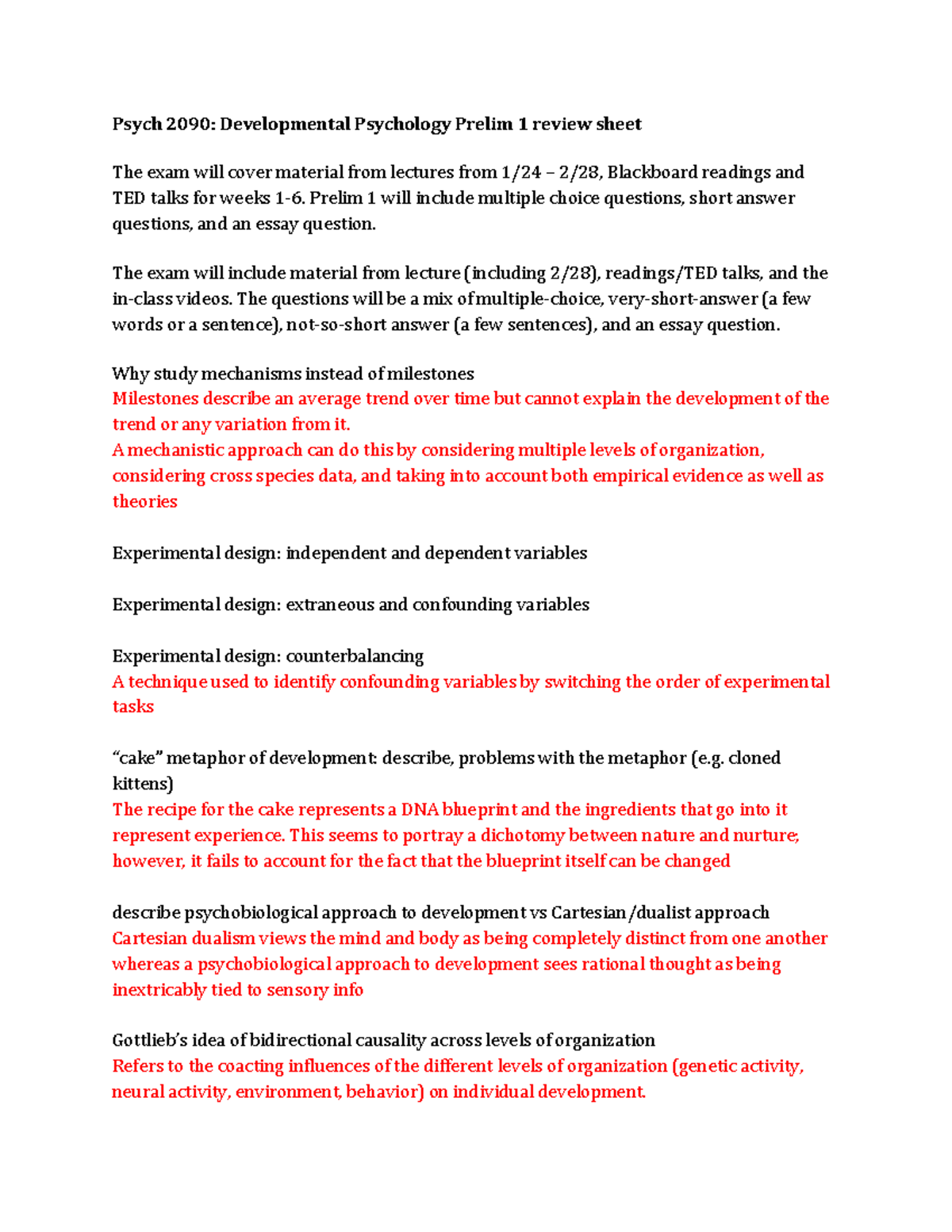 Psych 2090 Prelim 1 review sheet - Psych 2090: Developmental Psychology ...