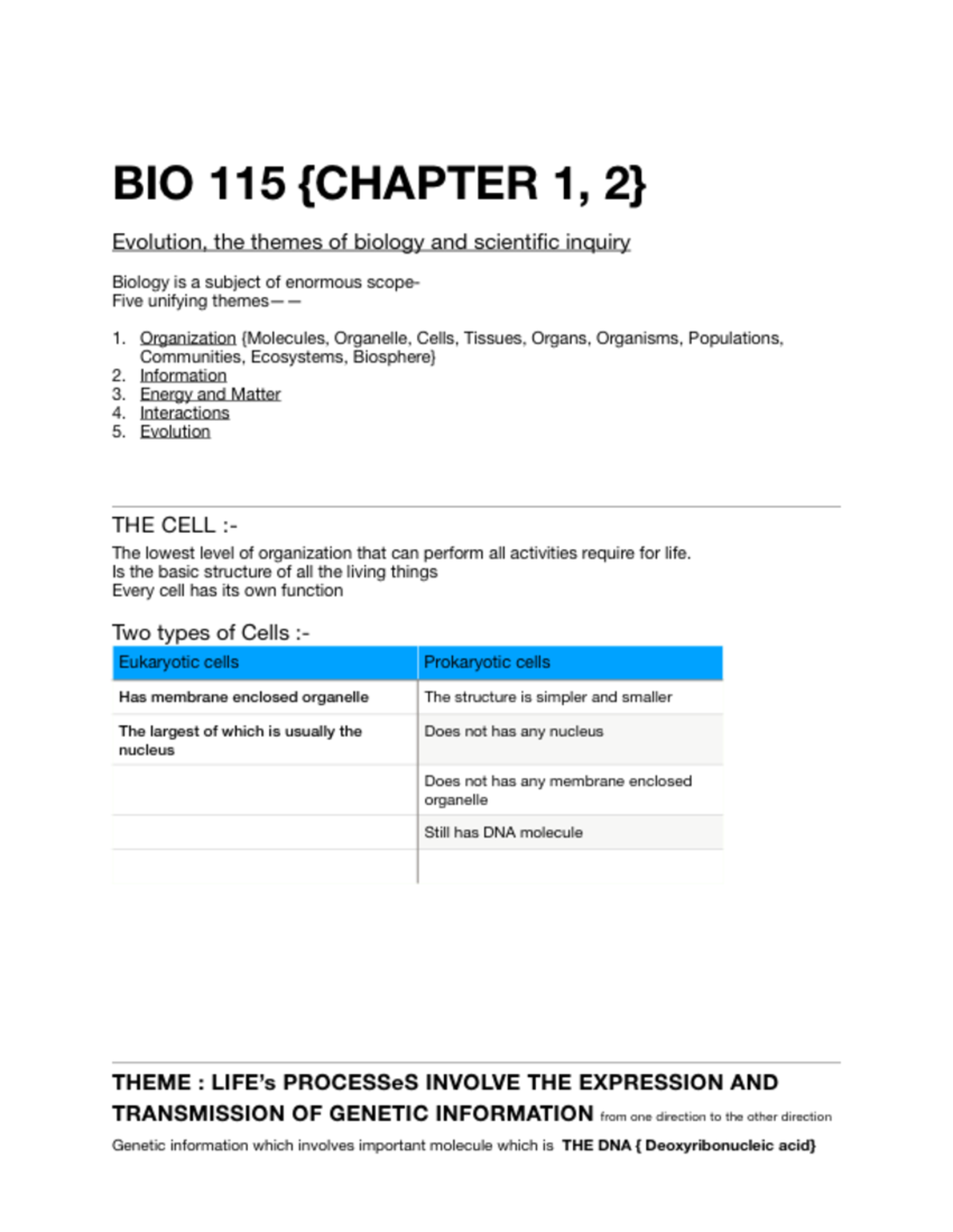 CH 1-2 Notes - Professor Chang was the teacher - BIO 115 - Studocu