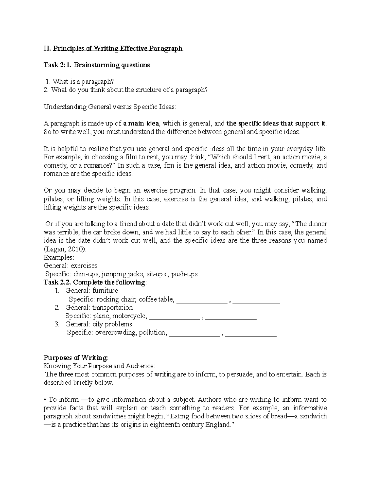 II. Paragraph For Managemeng I and II - II. Principles of Writing ...