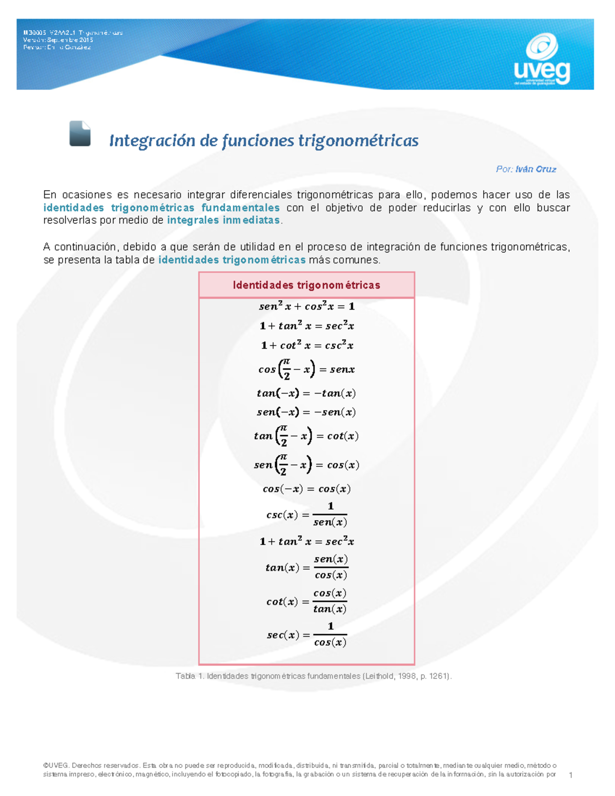 U1 Integracion de funciones trigonometricas - M Versión: Septiembre 2015 - Studocu