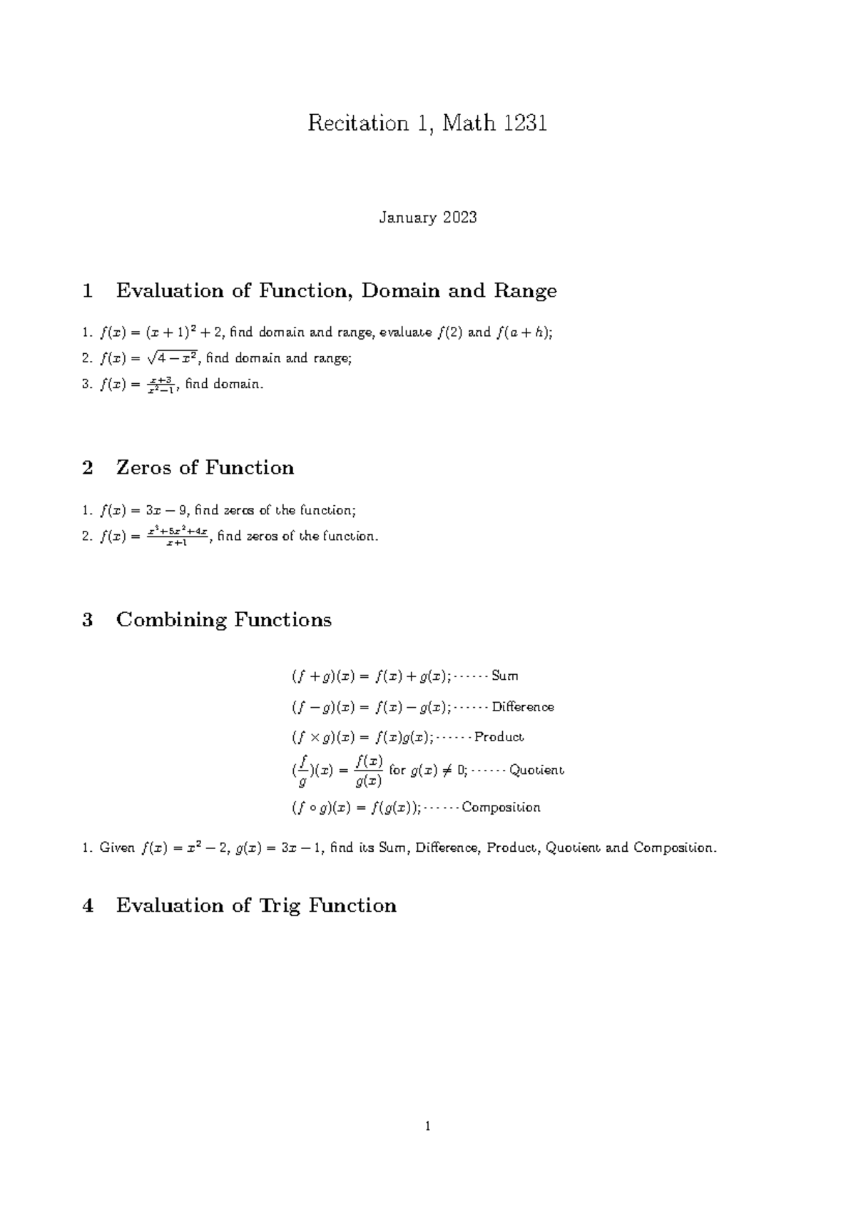 29132499 - yes more practice - Recitation 1, Math 1231 January 2023 1 ...