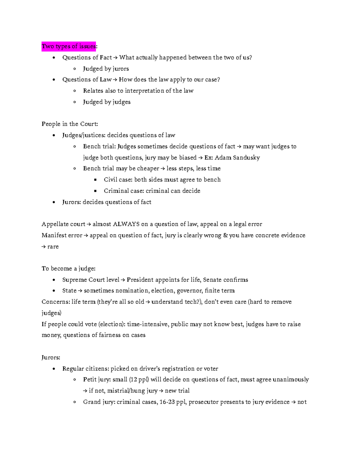 The Court System Lecture Notes - Two types of issues: Questions of Fact ...