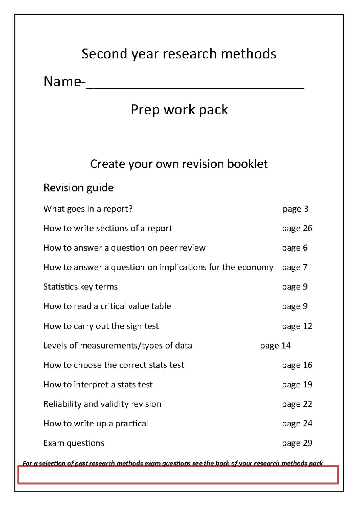 A2 research methods prep pack - Second year research methods Name