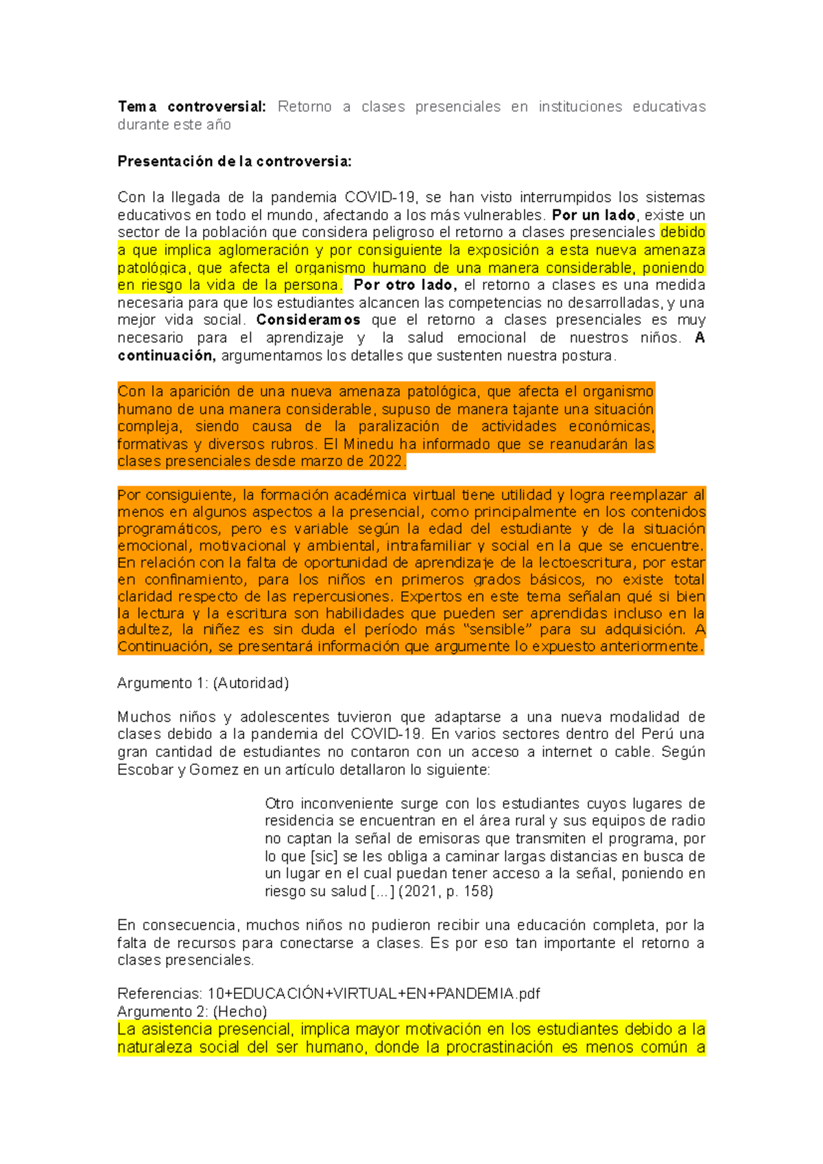 Tema controversialweqwe - Tema controversial: Retorno a clases ...