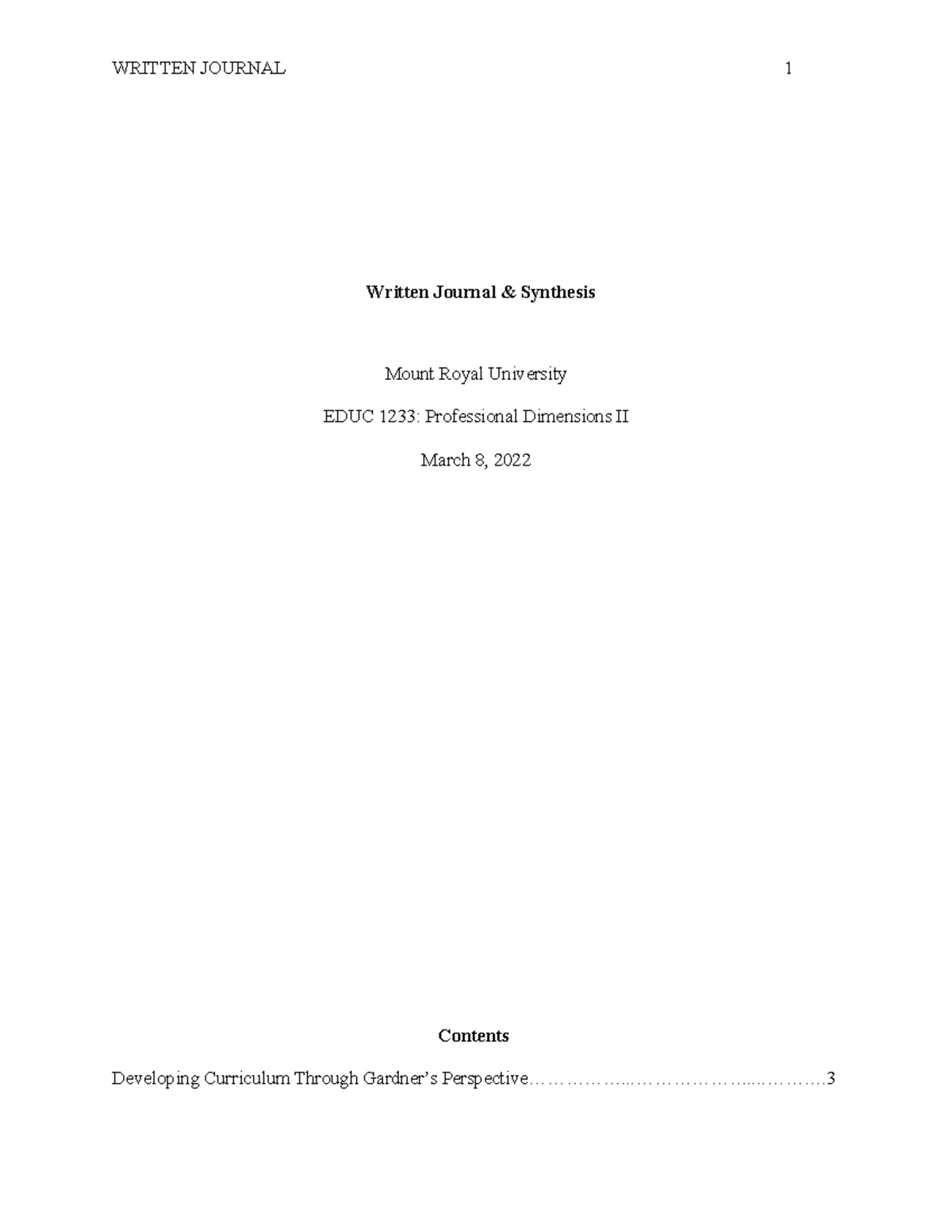 Written Journal & Synthesis - Written Journal & Synthesis Mount Royal ...