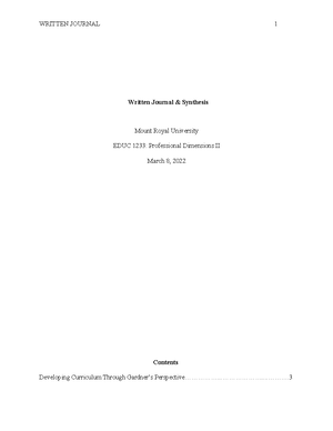 EDUC 1231 Written Journal - Written Journal Mount Royal University EDUC ...