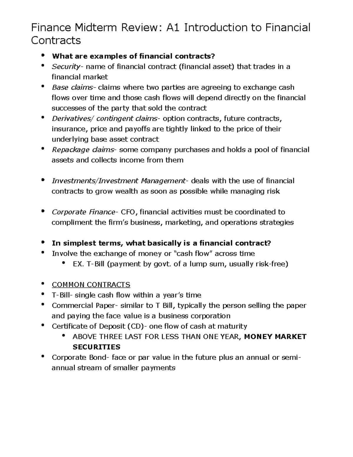 F-370 Midterm Exam Study Guide - Finance Midterm Review: A1 Introduction to Financial Contracts ...