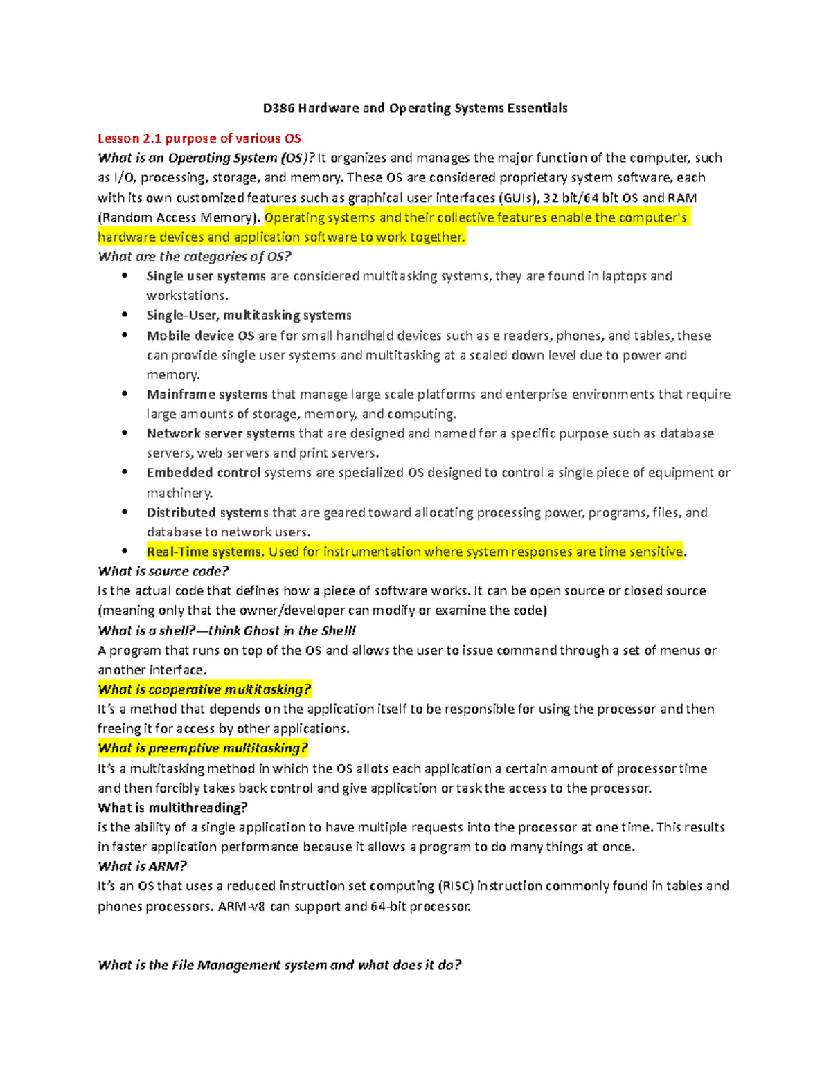 D386 Study Guide - D386 Hardware and Operating Systems Essentials ...