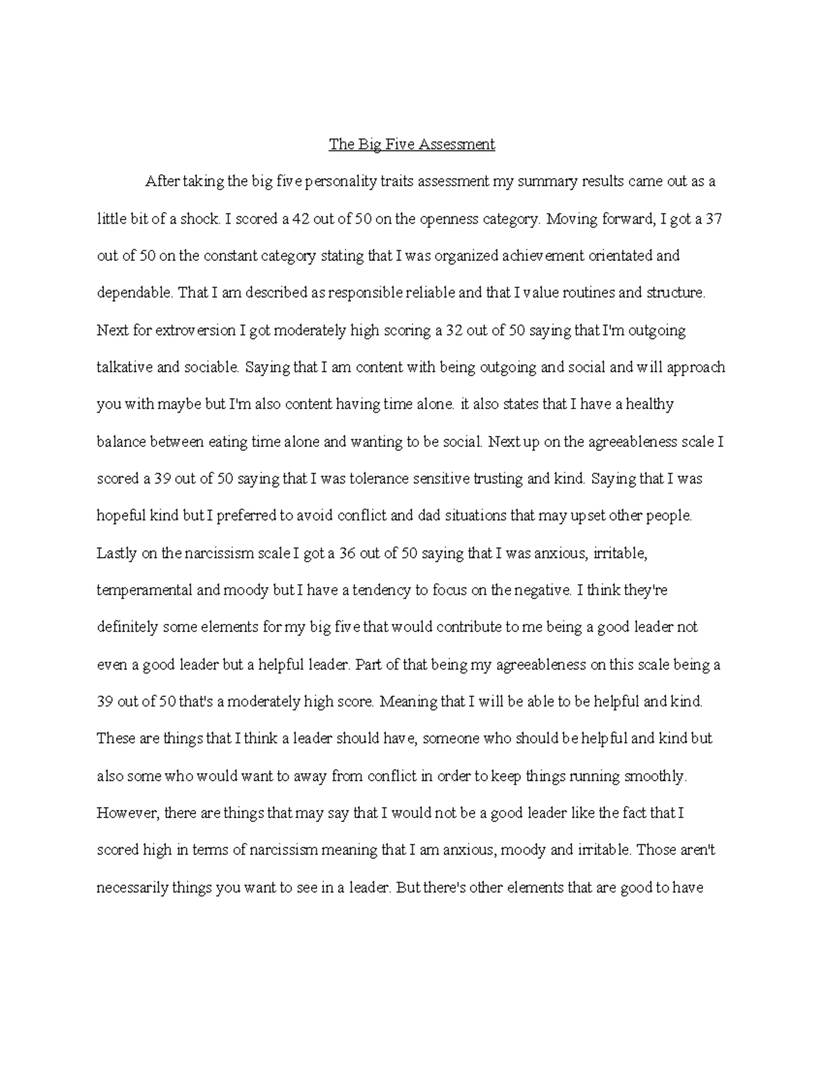 the big 5 notes - The Big Five Assessment After taking the big five ...