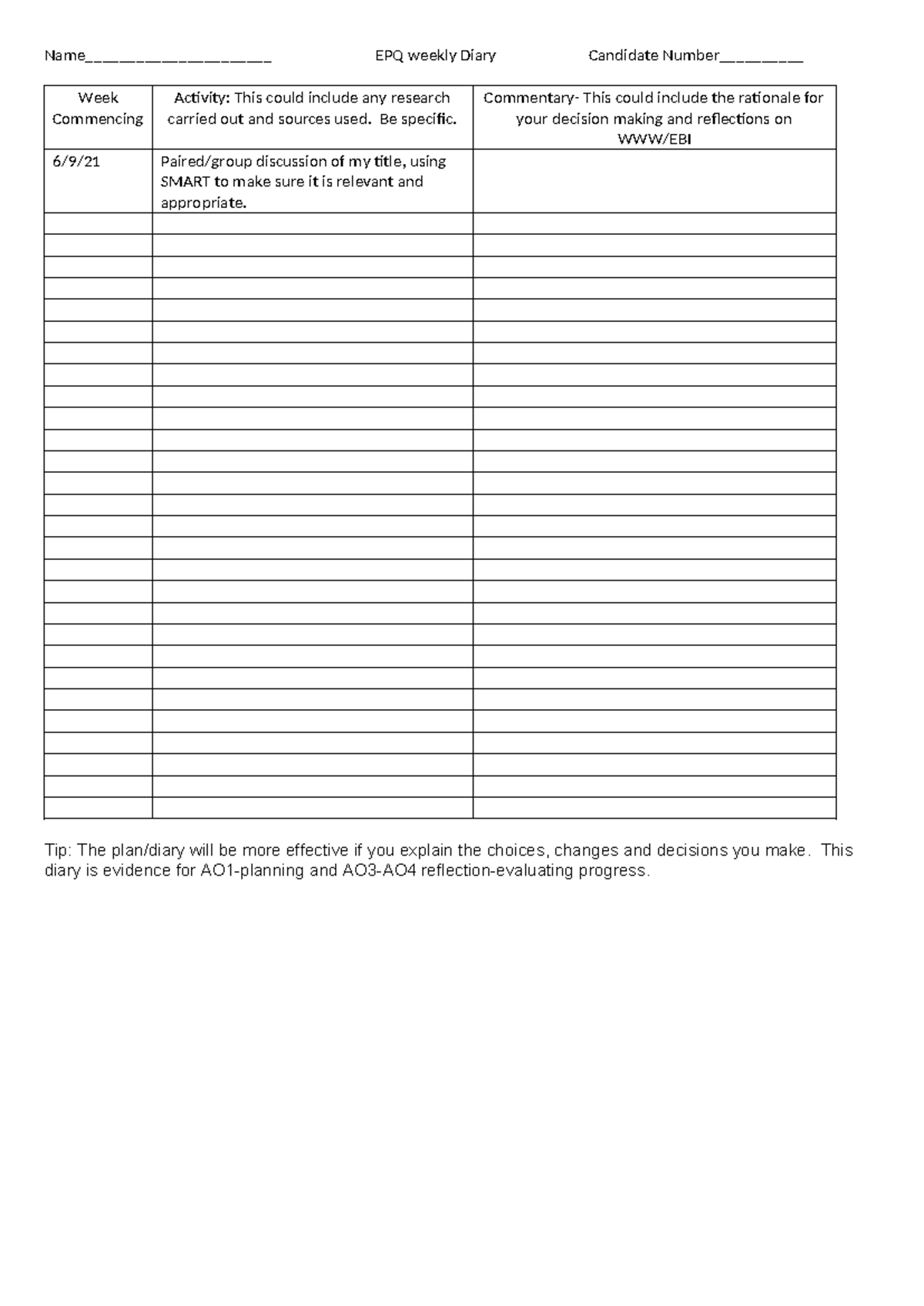 Diary weekly template main - Name______________________ EPQ weekly ...