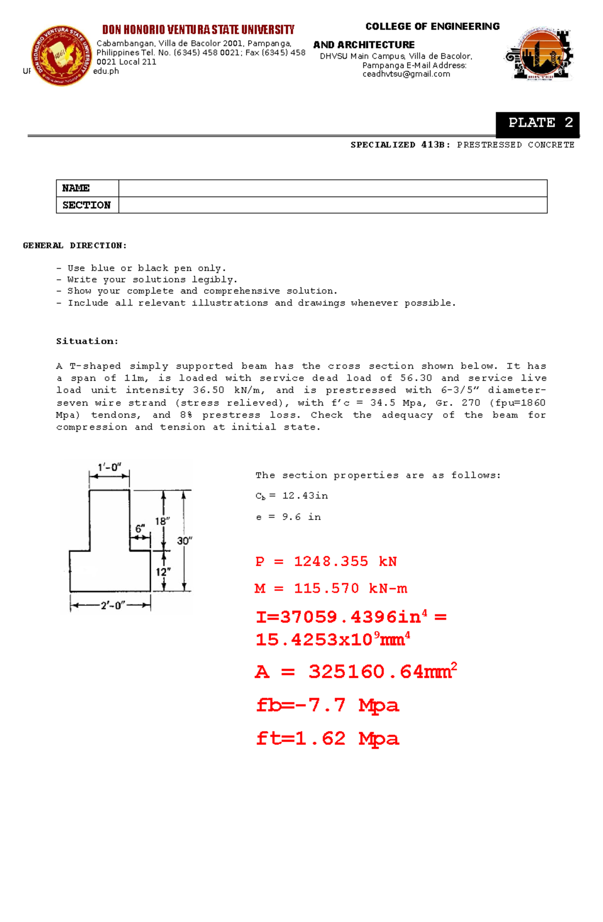Plate 2 Prestressed Concrete Design - DON HONORIO VENTURA STATE ...