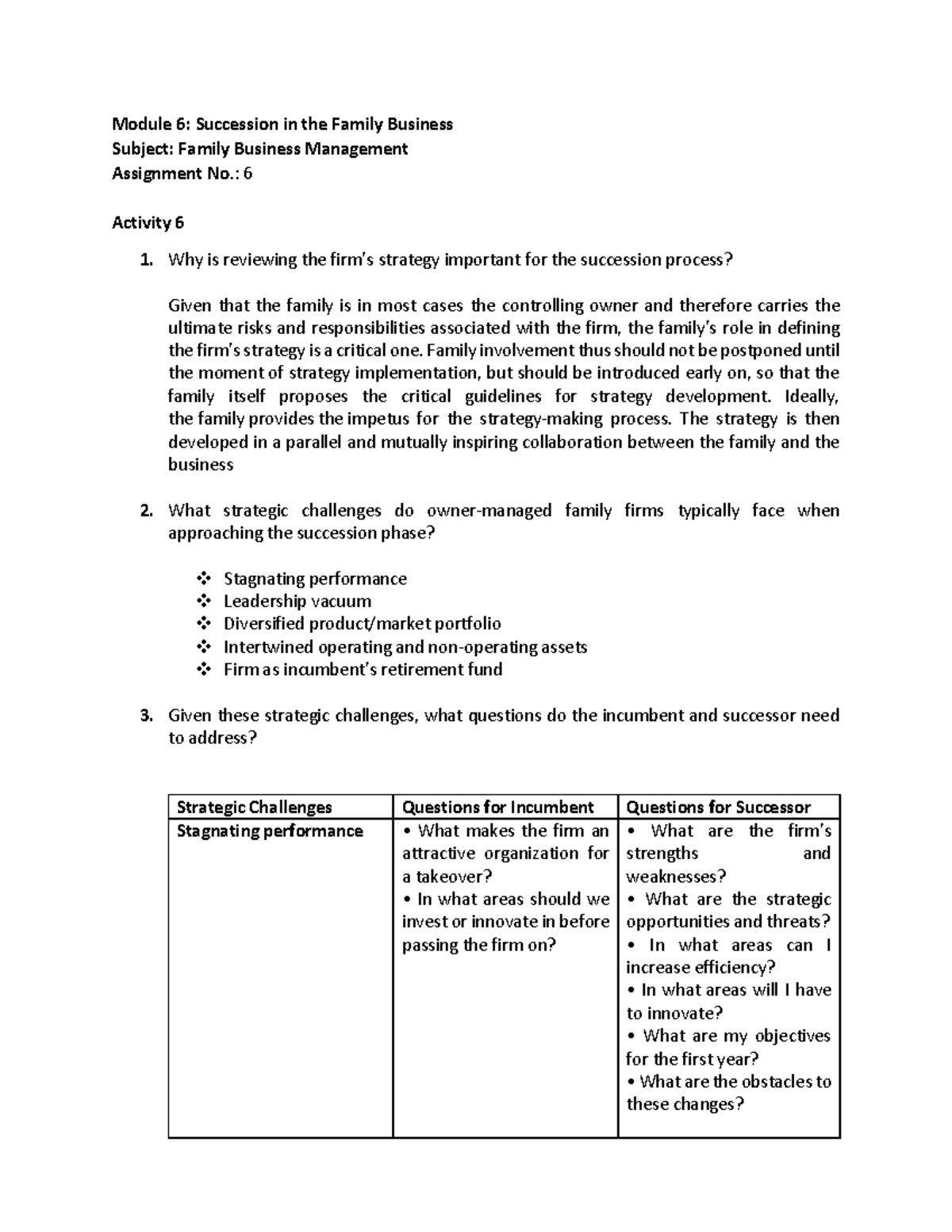 FBM Activity#6 - homework - Module 6: Succession in the Family Business ...
