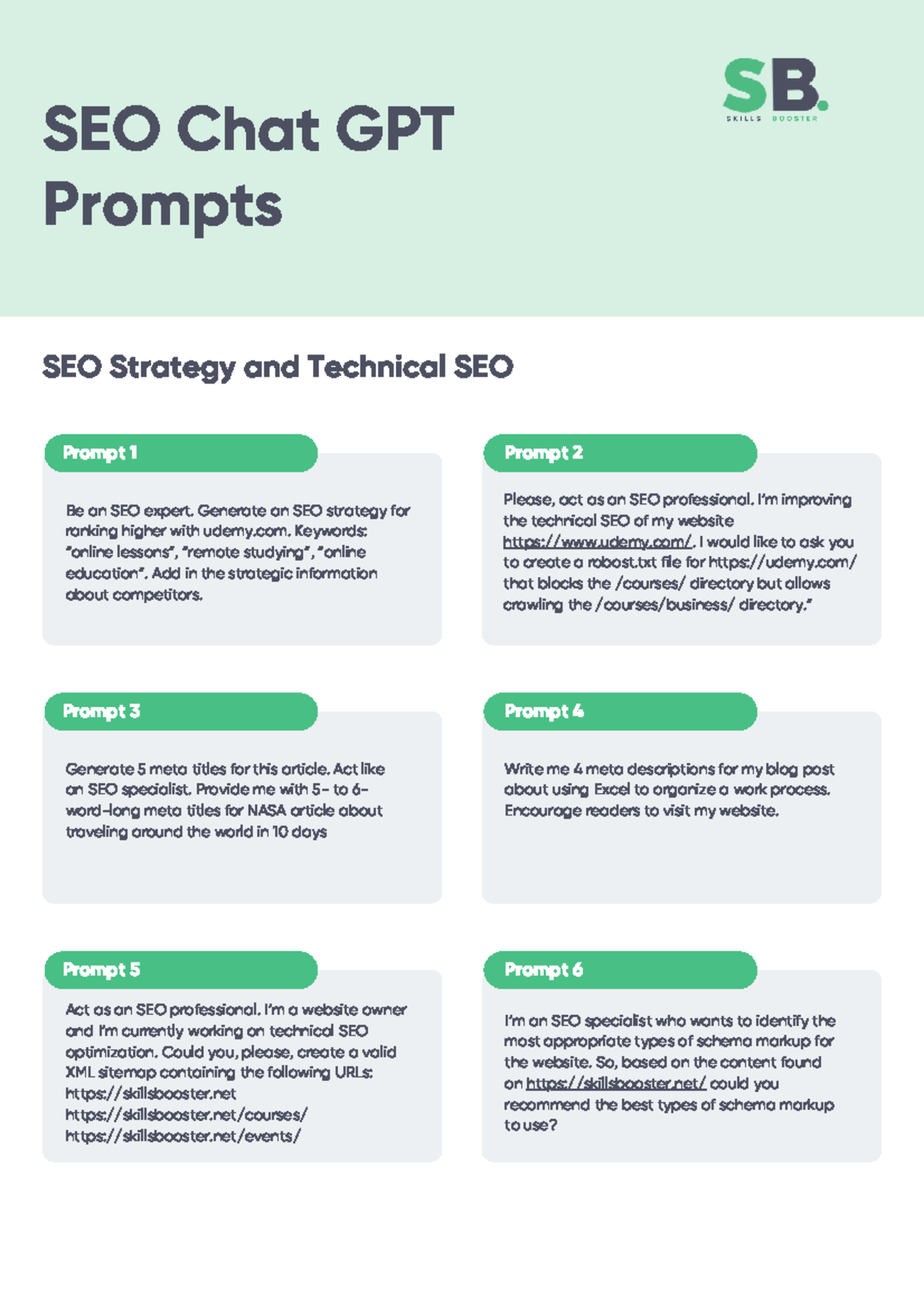 SEO+Chat+GPT+Prompts - Prompts Prompt 1 Be an SEO expert. Generate an ...