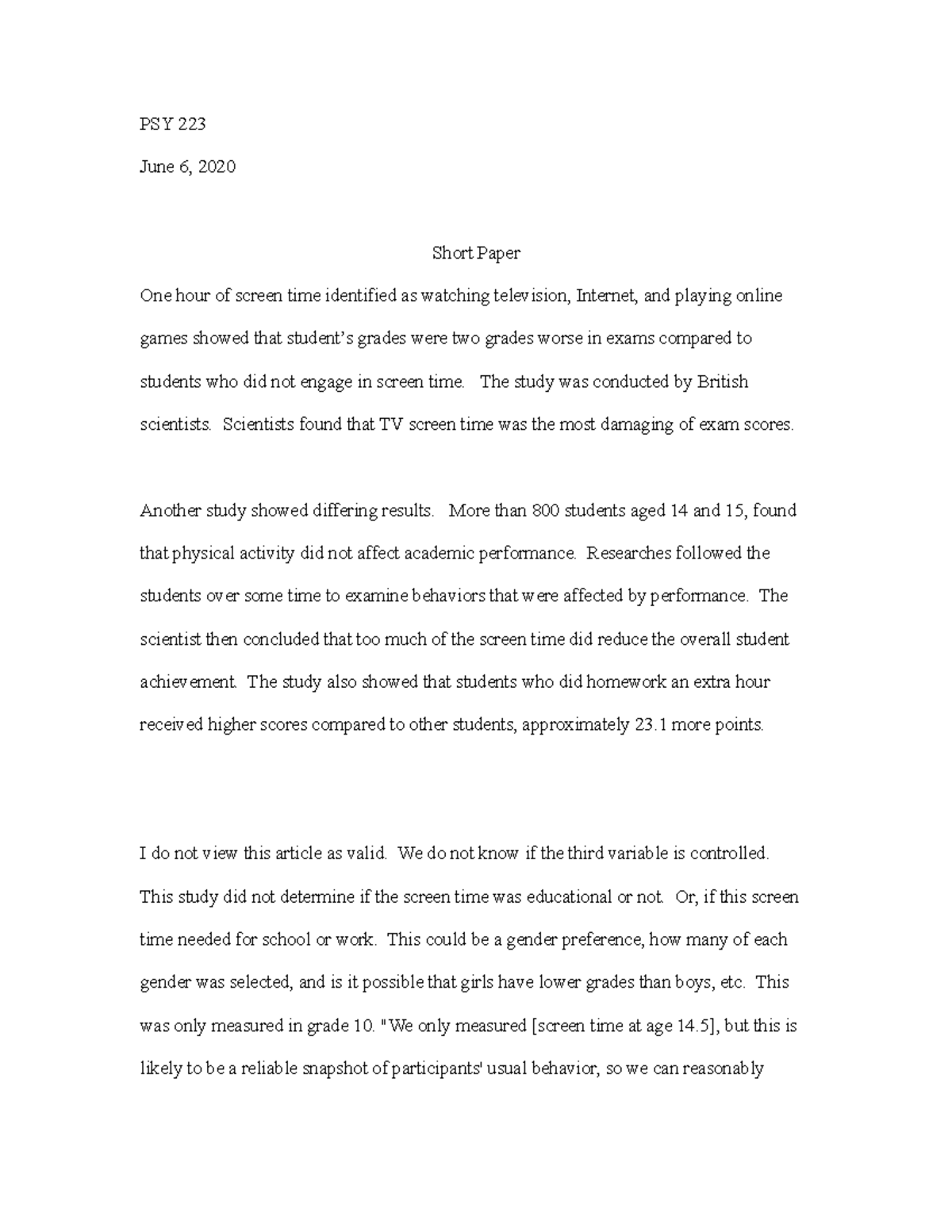 Short paper - article analyze - PSY 223 June 6, 2020 Short Paper One ...