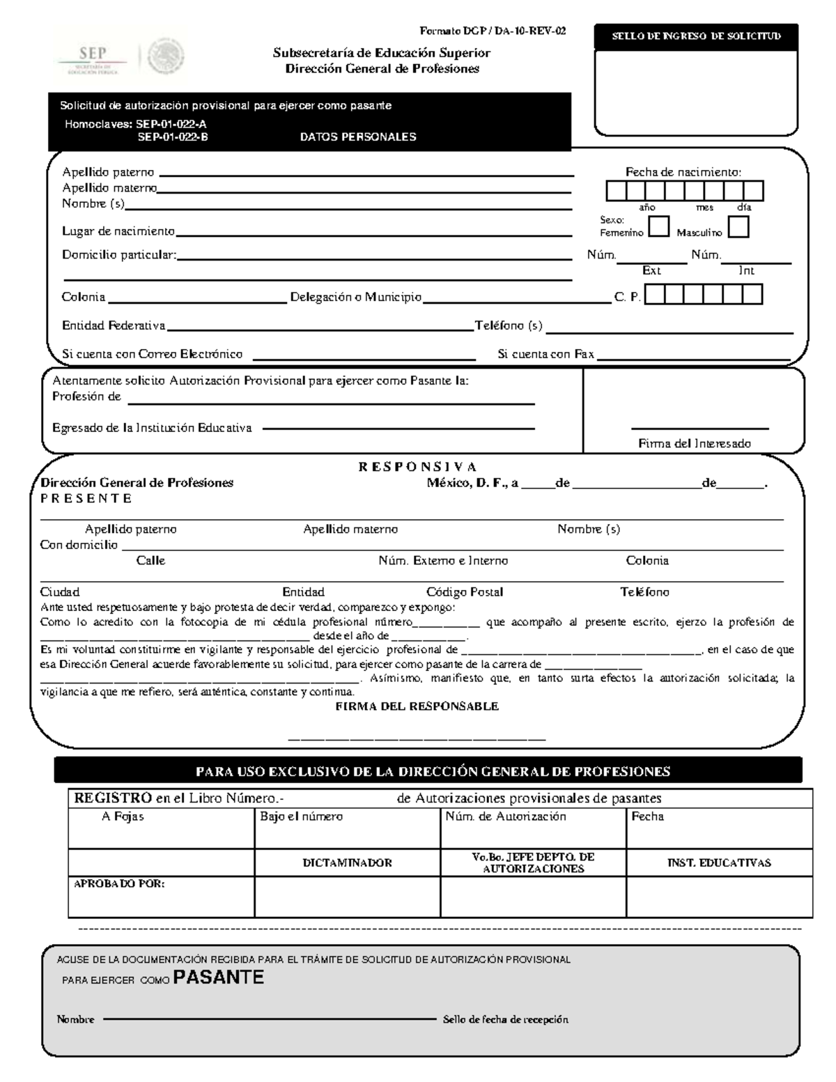 S pasante - ficha para pasantia ante el registro nacional de profeciones - Formato DGP / DA- 10 ...