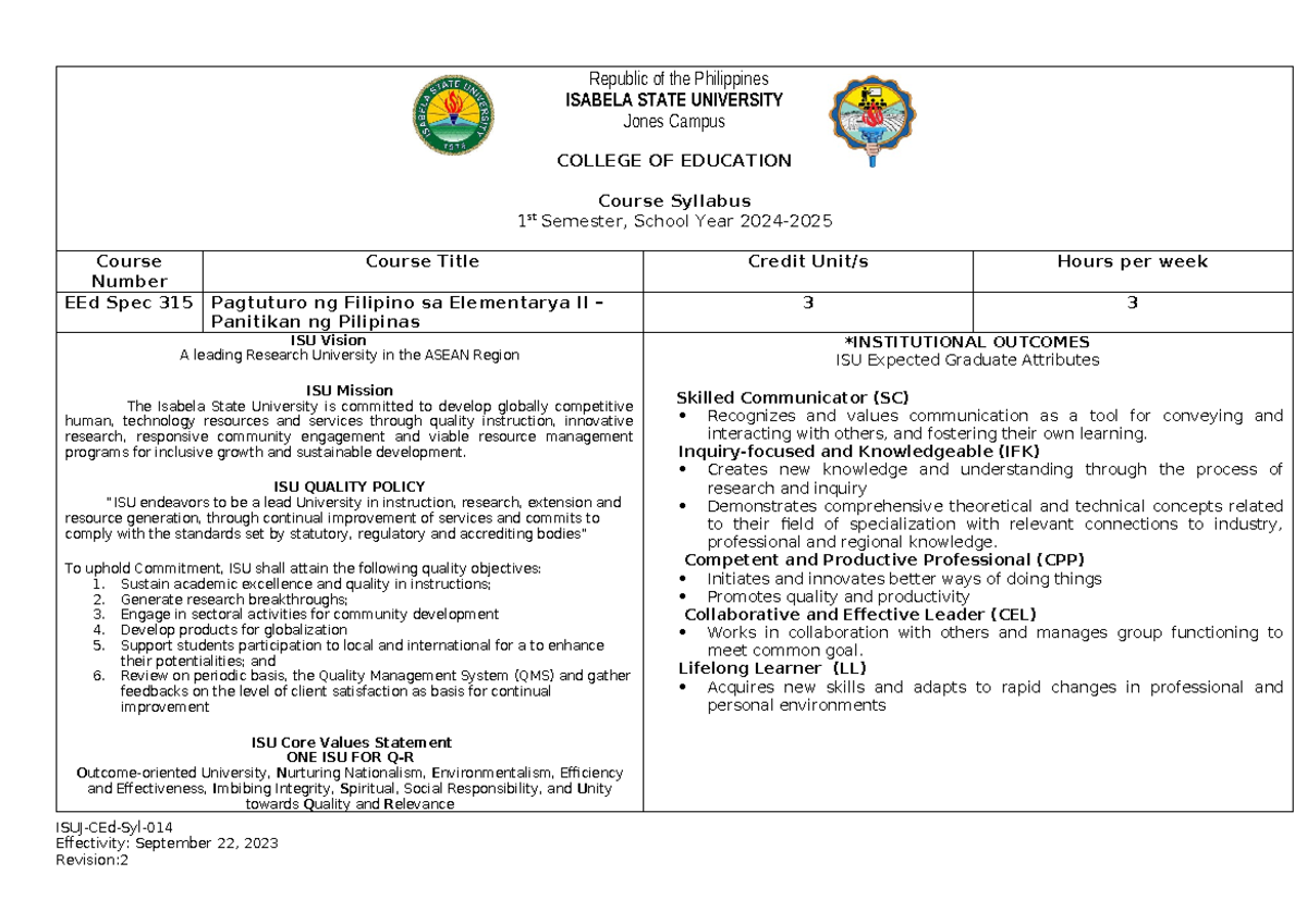 EEd Spec 315 Syllabus - Republic of the Philippines ISABELA STATE UNIVERSITY Jones Campus ...