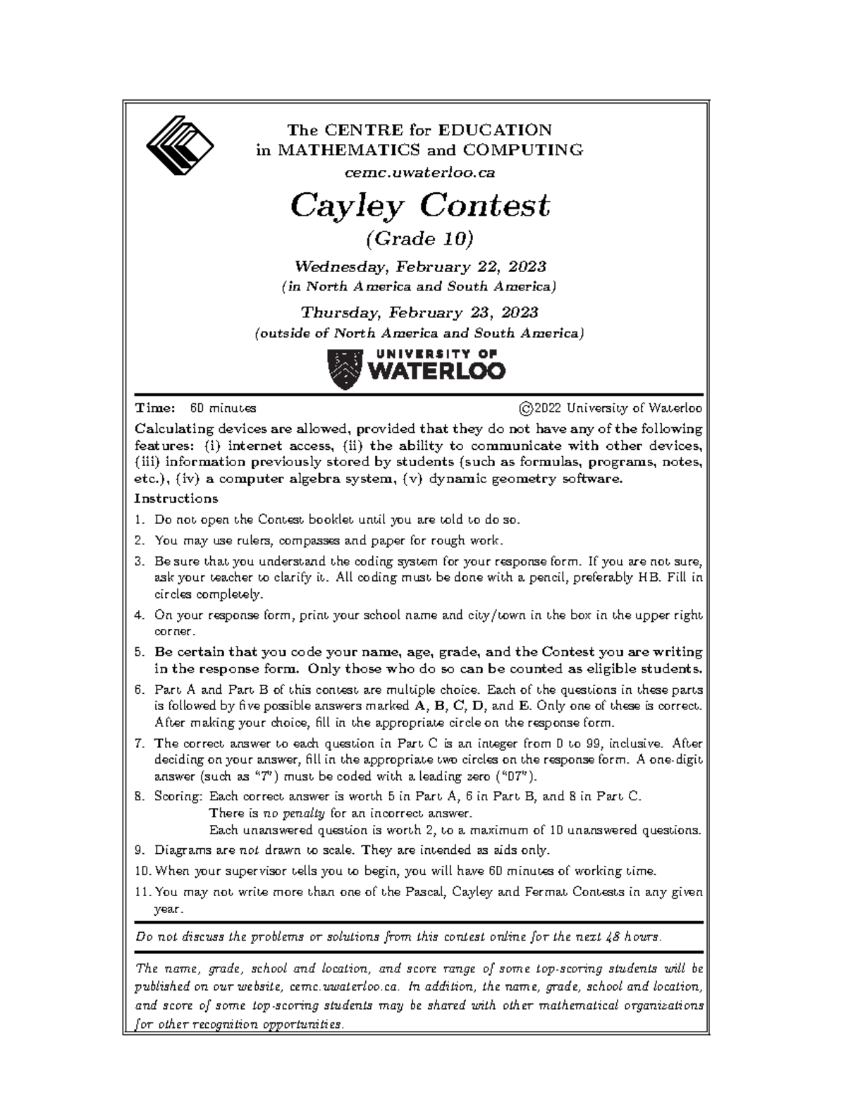 Cayley Combined Contest - The CENTRE for EDUCATION in MATHEMATICS and ...