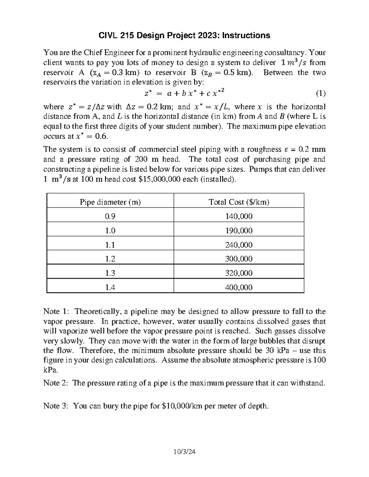 CIVL 215 Pipeline Design Project Instructions 2024 - 10/3/ CIVL 215 ...