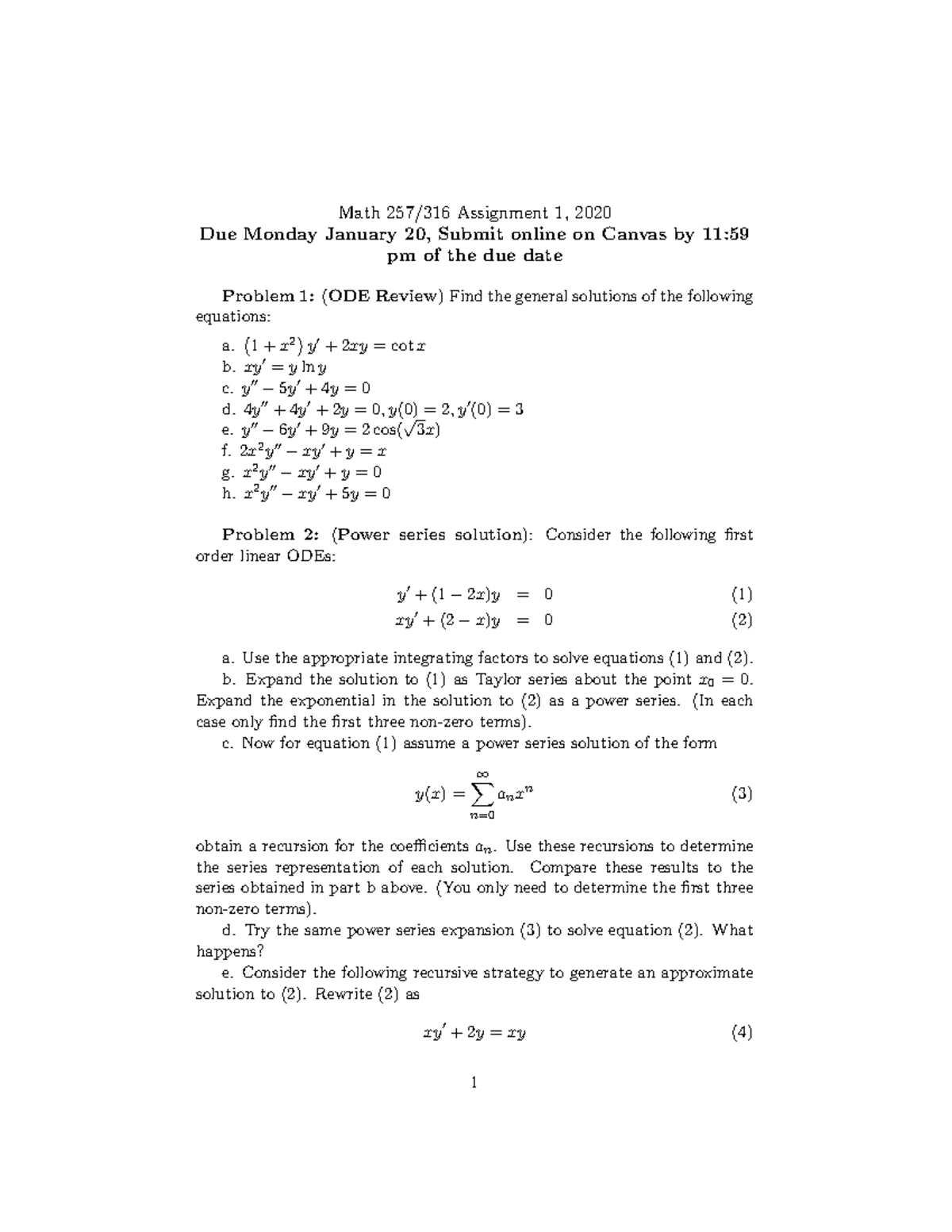 M257 316 assignment 1 2020 - Math 257/316 Assignment 1, 2020 Due Monday ...