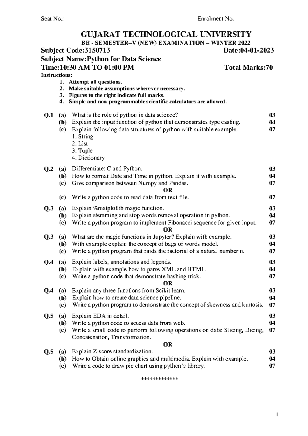 GTU Computer 3150713 Winter 2022 - 1 Seat No.: ________ Enrolment No ...