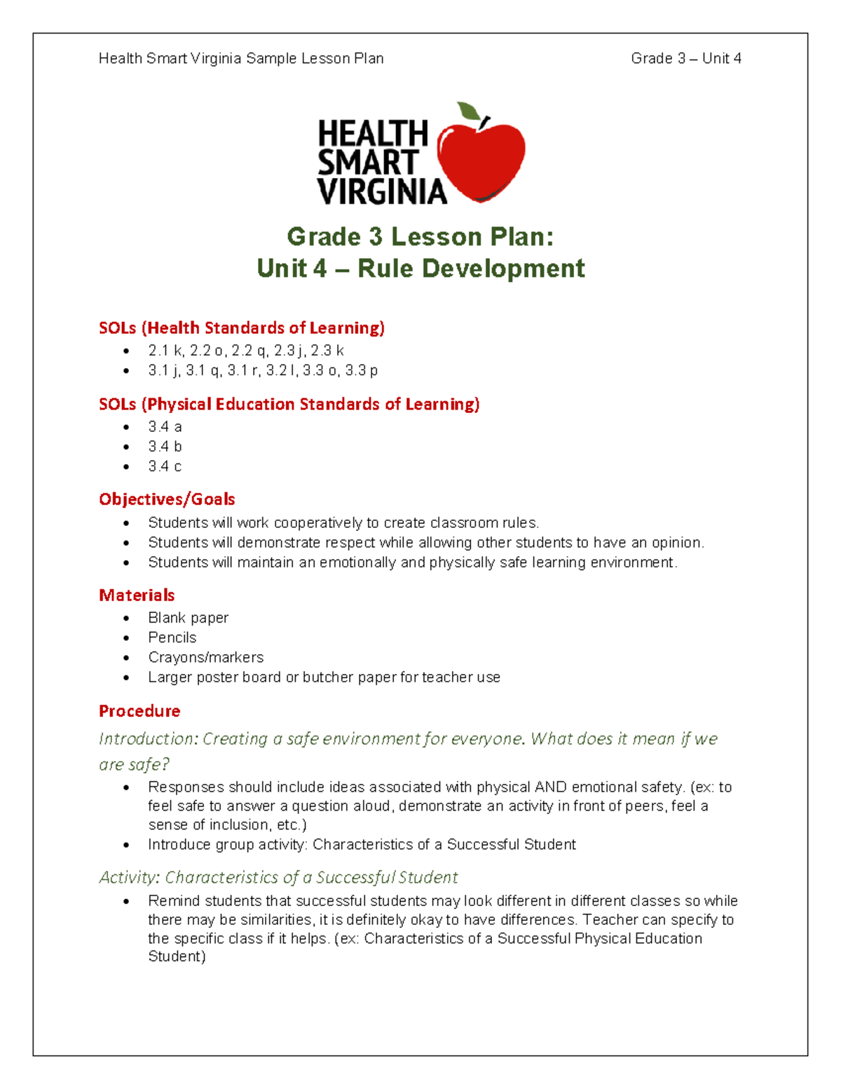 Gr3 se 4 rule development - Health Smart Virginia Sample Lesson Plan ...
