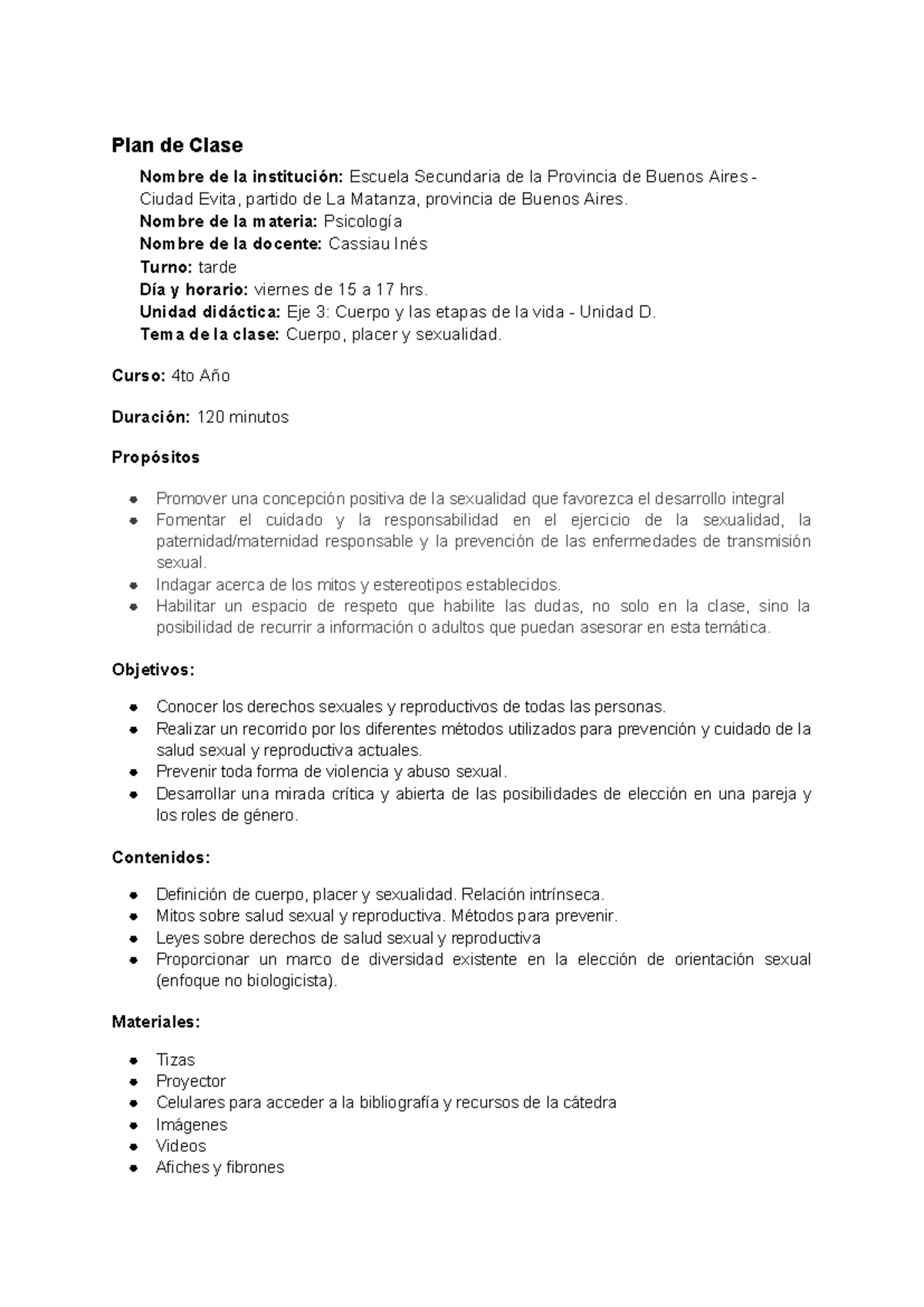 Plan de clase-cuerpo, sexualidad y placer- Inés Cassiau - Plan de Clase ...