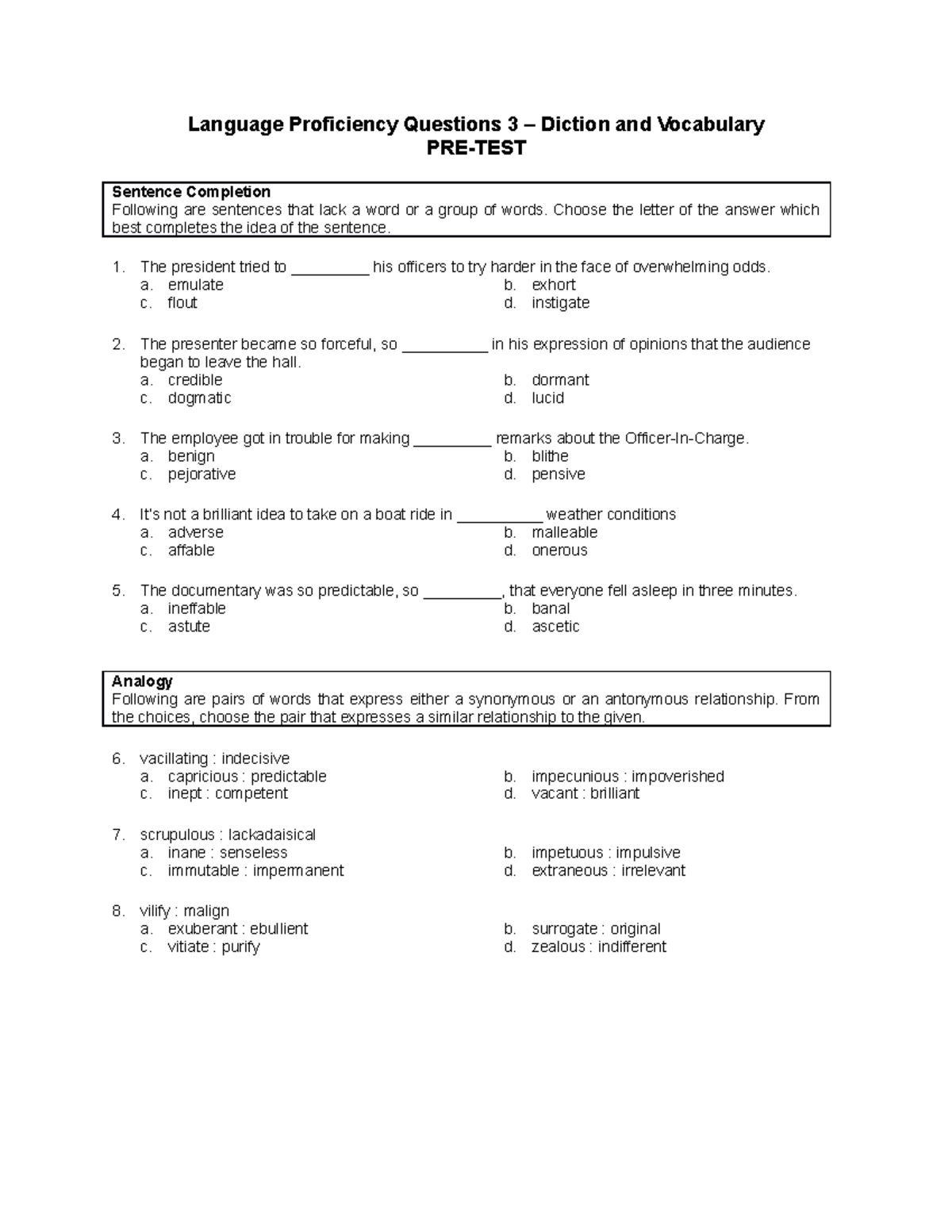 English 3.1 Pre-test - Language Proficiency Questions 3 – Diction and ...