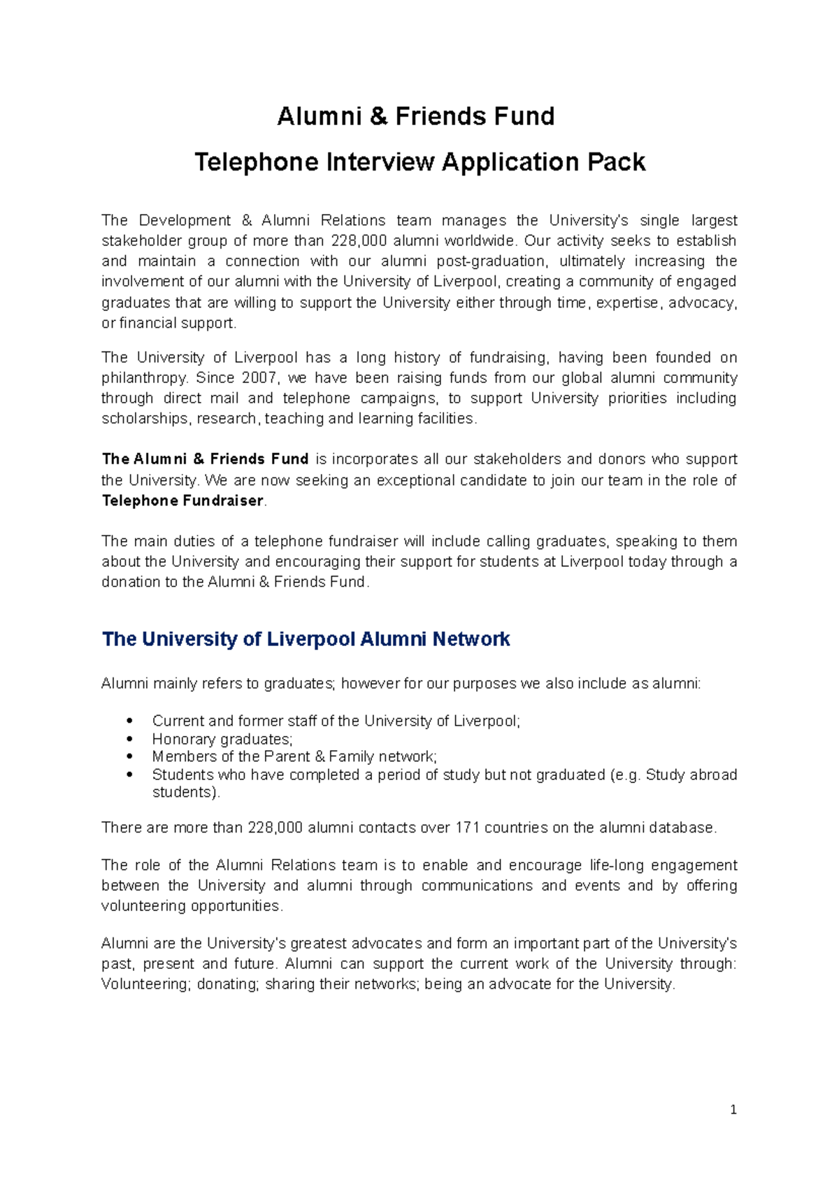 Student caller application pack. 2019 - Alumni & Friends Fund Telephone ...