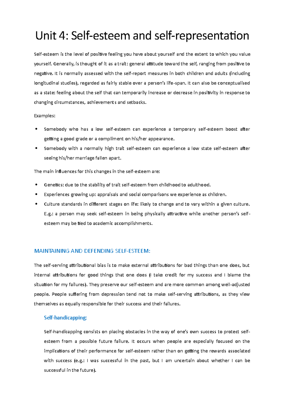 Unit 4 x- Bachelor Degree Psychology - Unit 4: Self-esteem and self ...