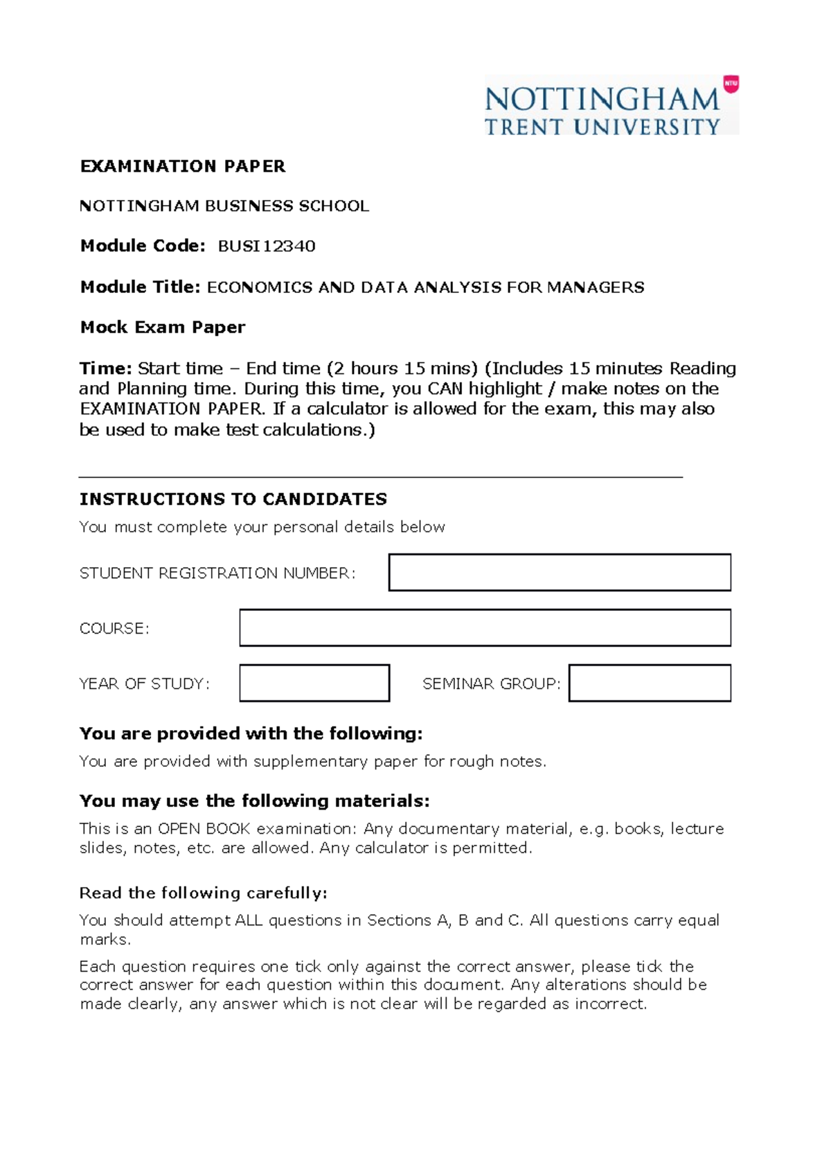 revision for Economics and Data analysis - EXAMINATION PAPER NOTTINGHAM ...